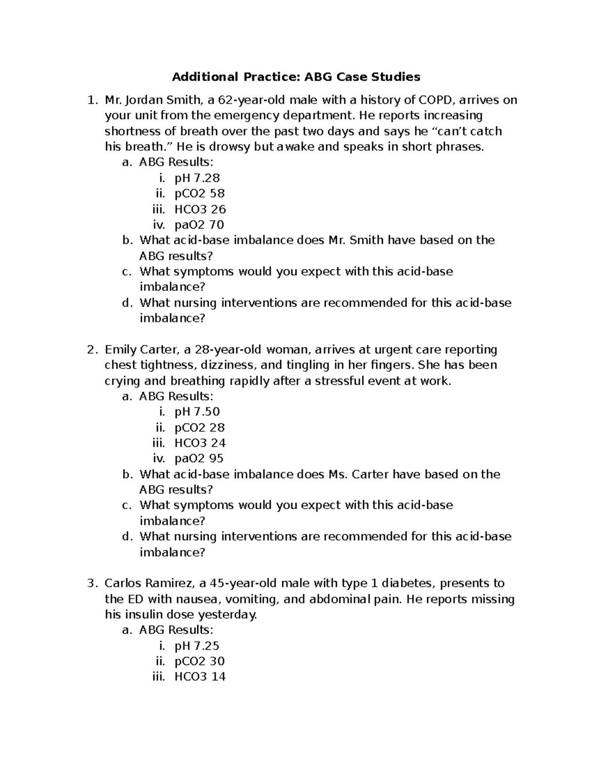 ABG Case Studies Practice: COPD, Diabetes, and Gastroenteritis - Studocu