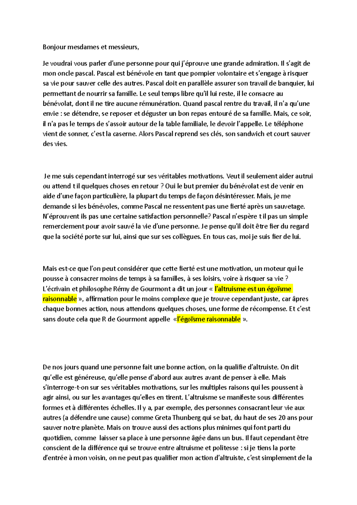 Plaidoirie sur l'Altruisme et ses Motivations Personnelles - Studocu