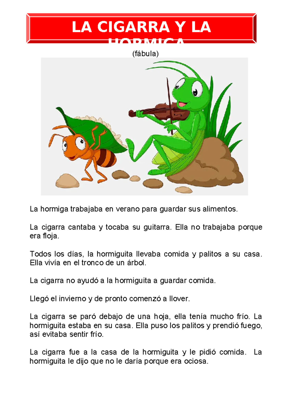 La Cigarra y La Hormiga - Comprensión Lectora - (fábula) La hormiga ...