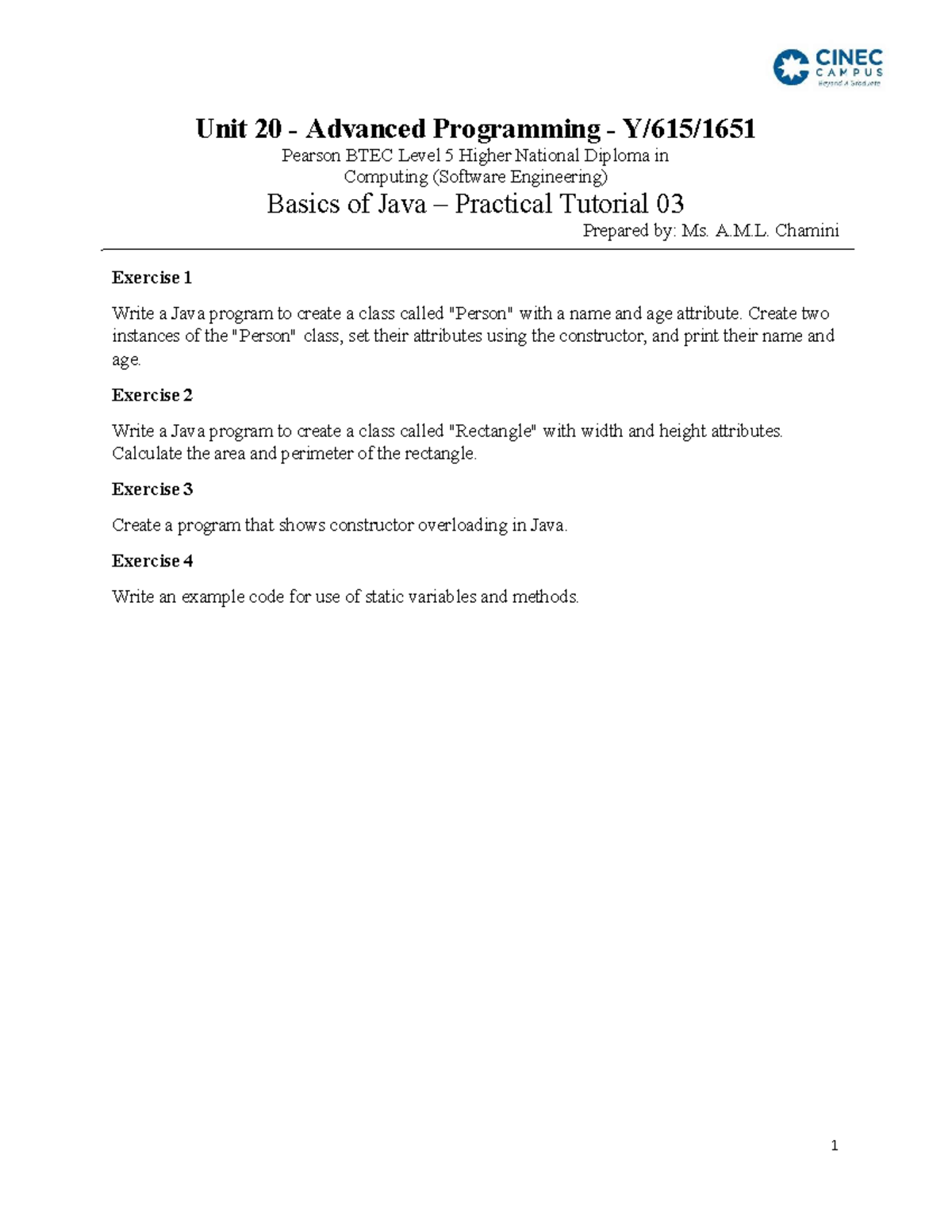 Practical Tutorial 03 - Advanced Programming - 1 Unit 20 - Advanced Programming - Y/615/ Pearson ...