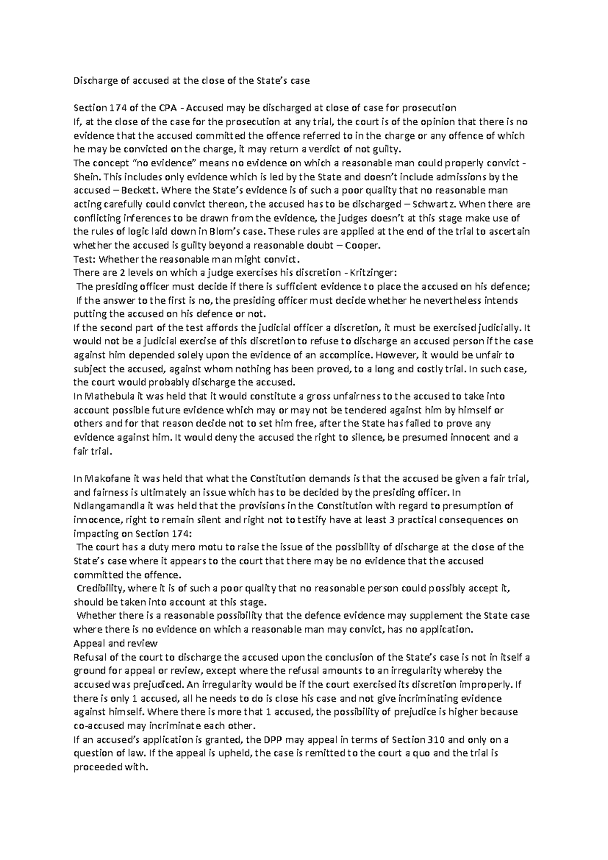 Accused Discharge at Close of State's Case: Legal Insights (CPA) - Studocu