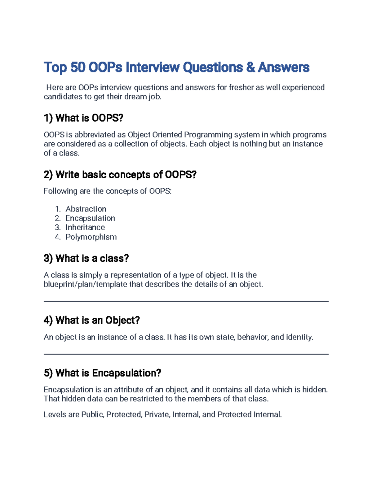 Top 50 OOP Interview Questions and Answers for Freshers (CS101) - Studocu