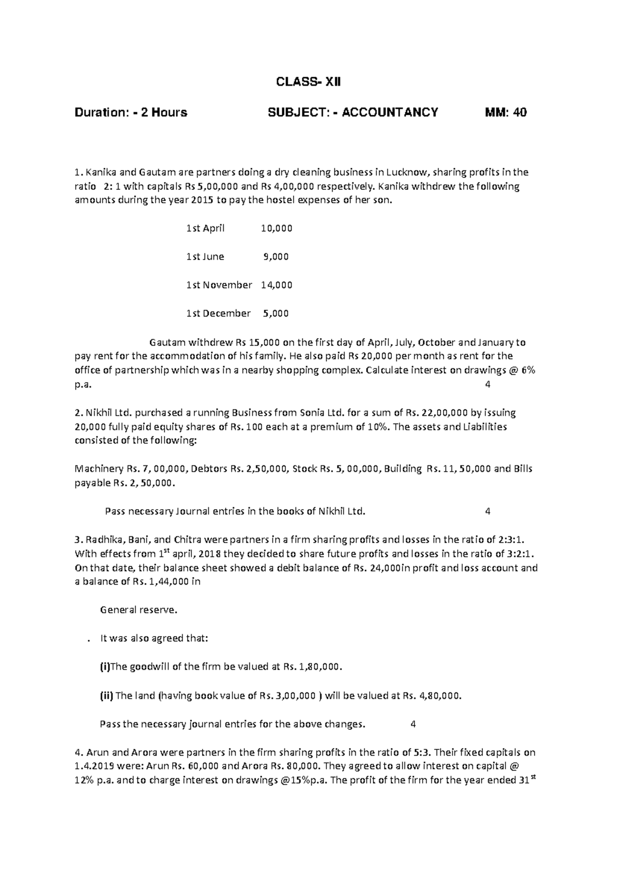 Accountancy XII Final Exam: Comprehensive Test on Partnership & Journal ...