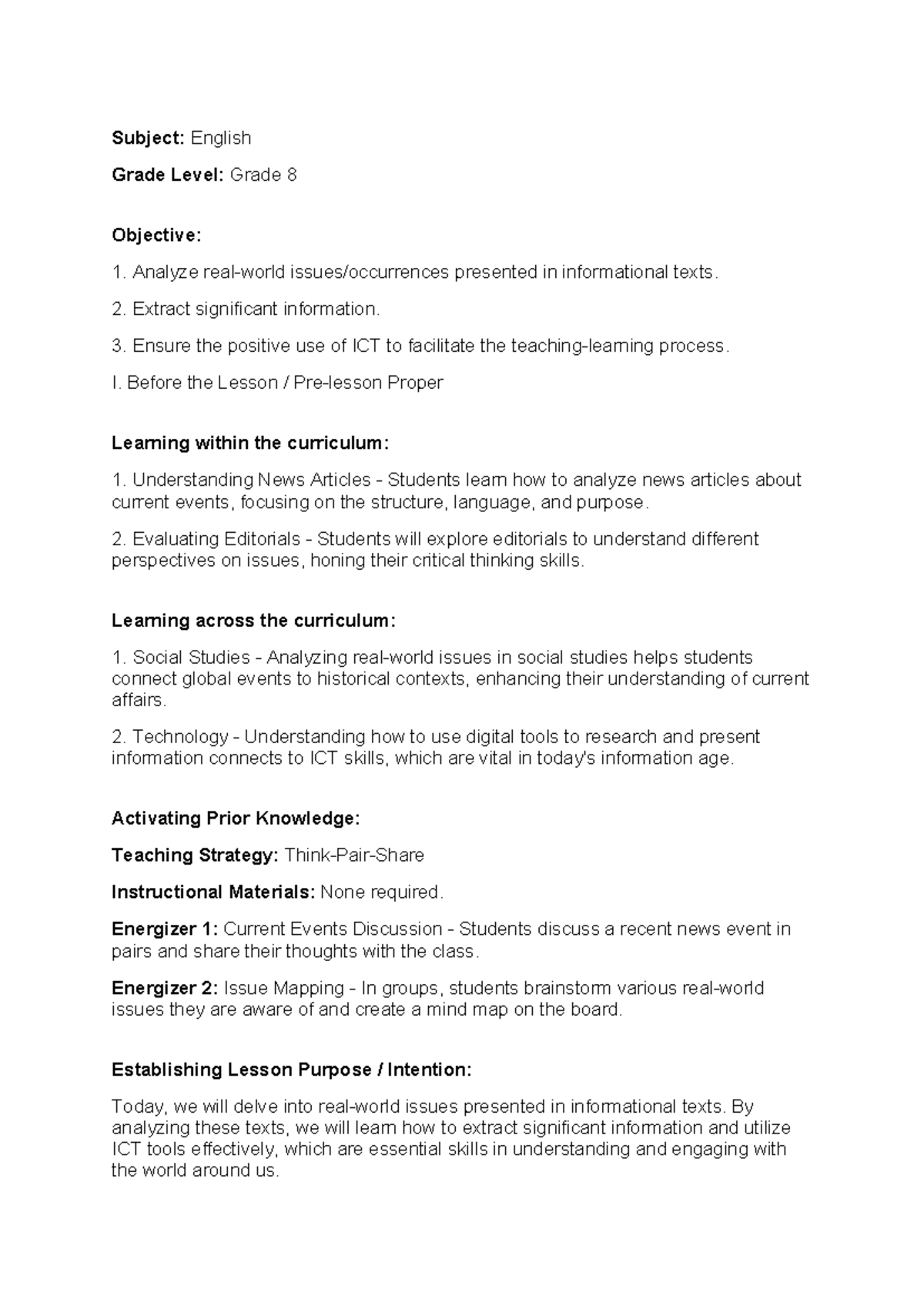 Lesson Plan: Analyzing Informational Texts in English - Grade 8 DLP ...