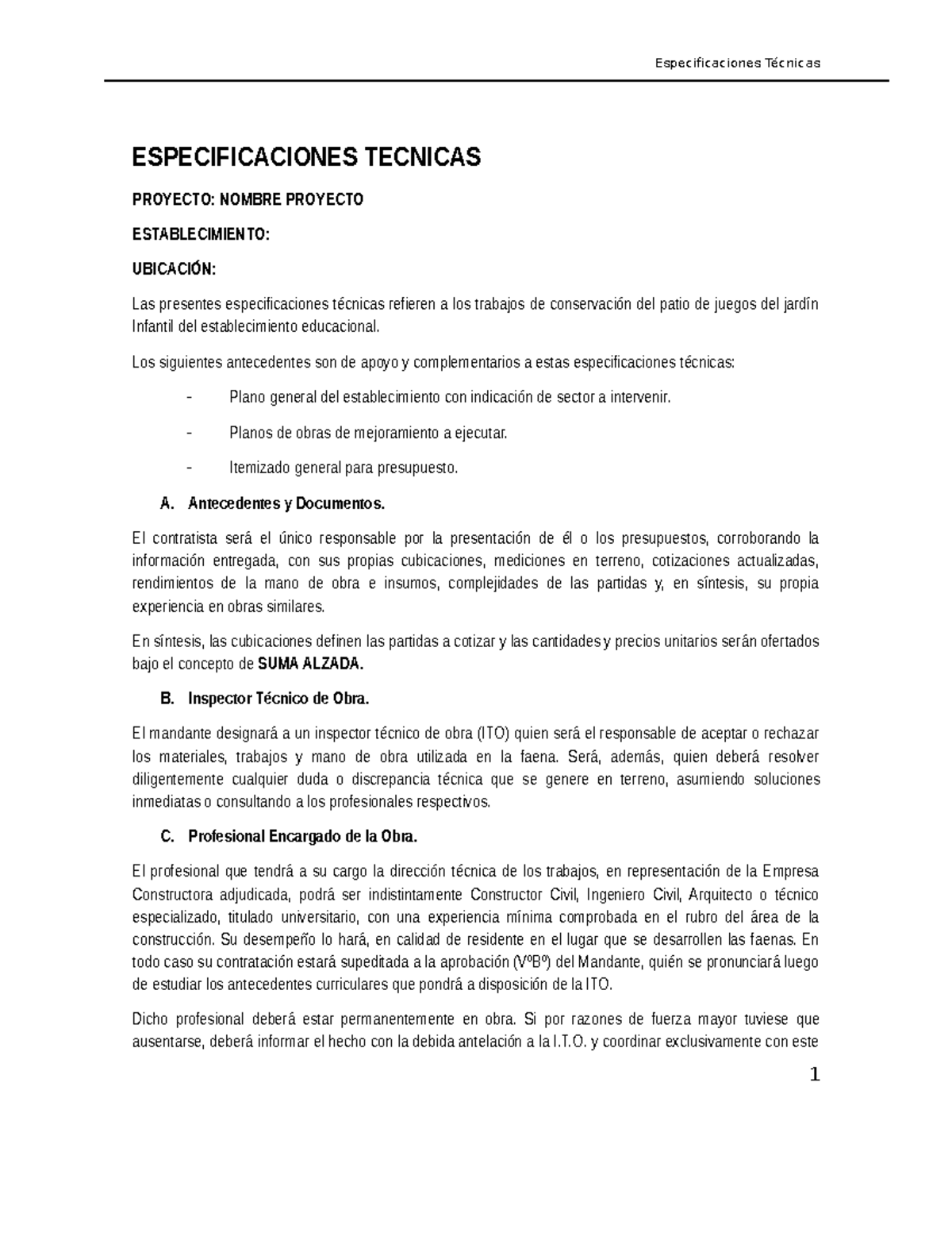 EETT TIPO 1 - ESPECIFICACIONES TIPO - Arquitectura ESPECIFICACIONES TECNICAS PROYECTO: NOMBRE ...