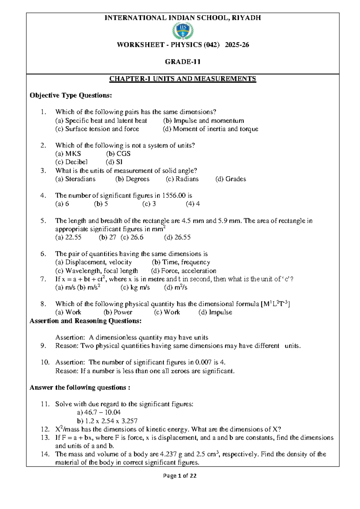 INTERNATIONAL INDIAN SCHOOL, RIYADH PHYSICS (042) WORKSHEET ON UNITS ...