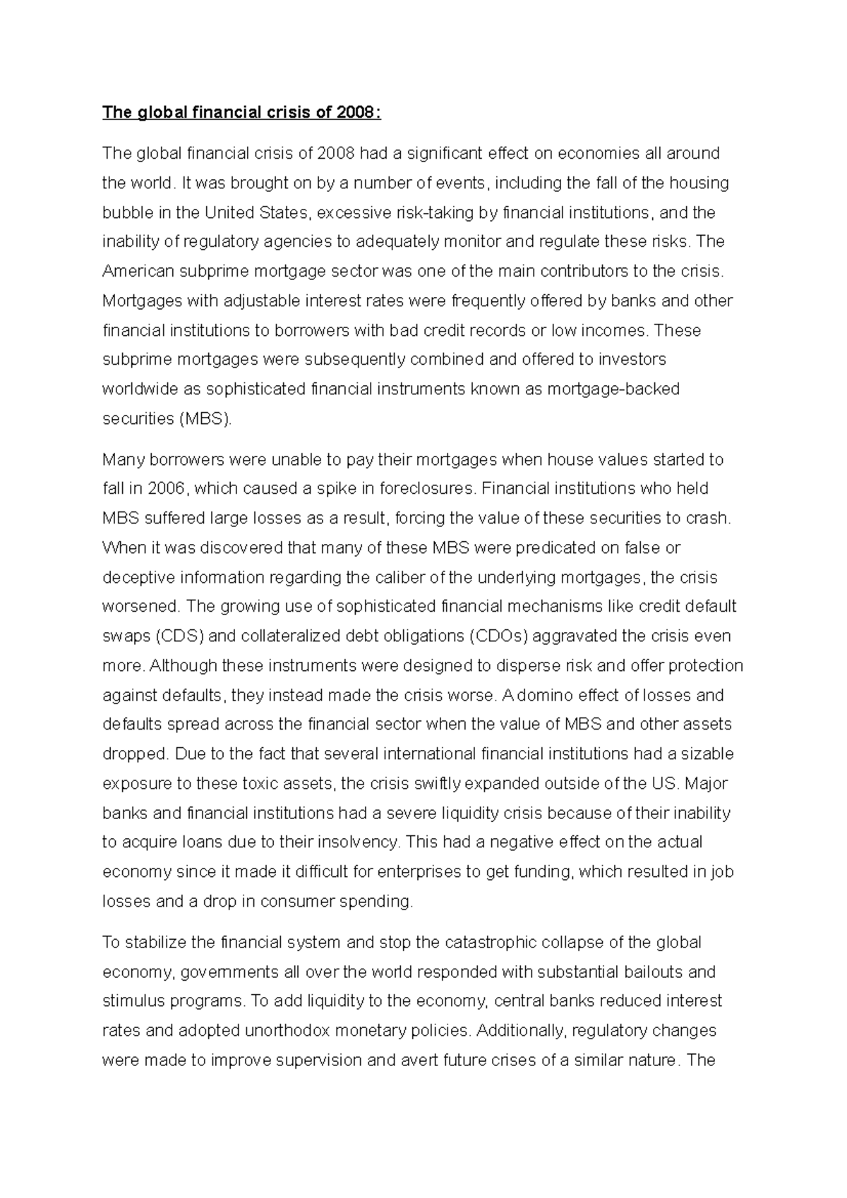 The 2008 Global Financial Crisis: Causes, Effects, and CEO Liability ...