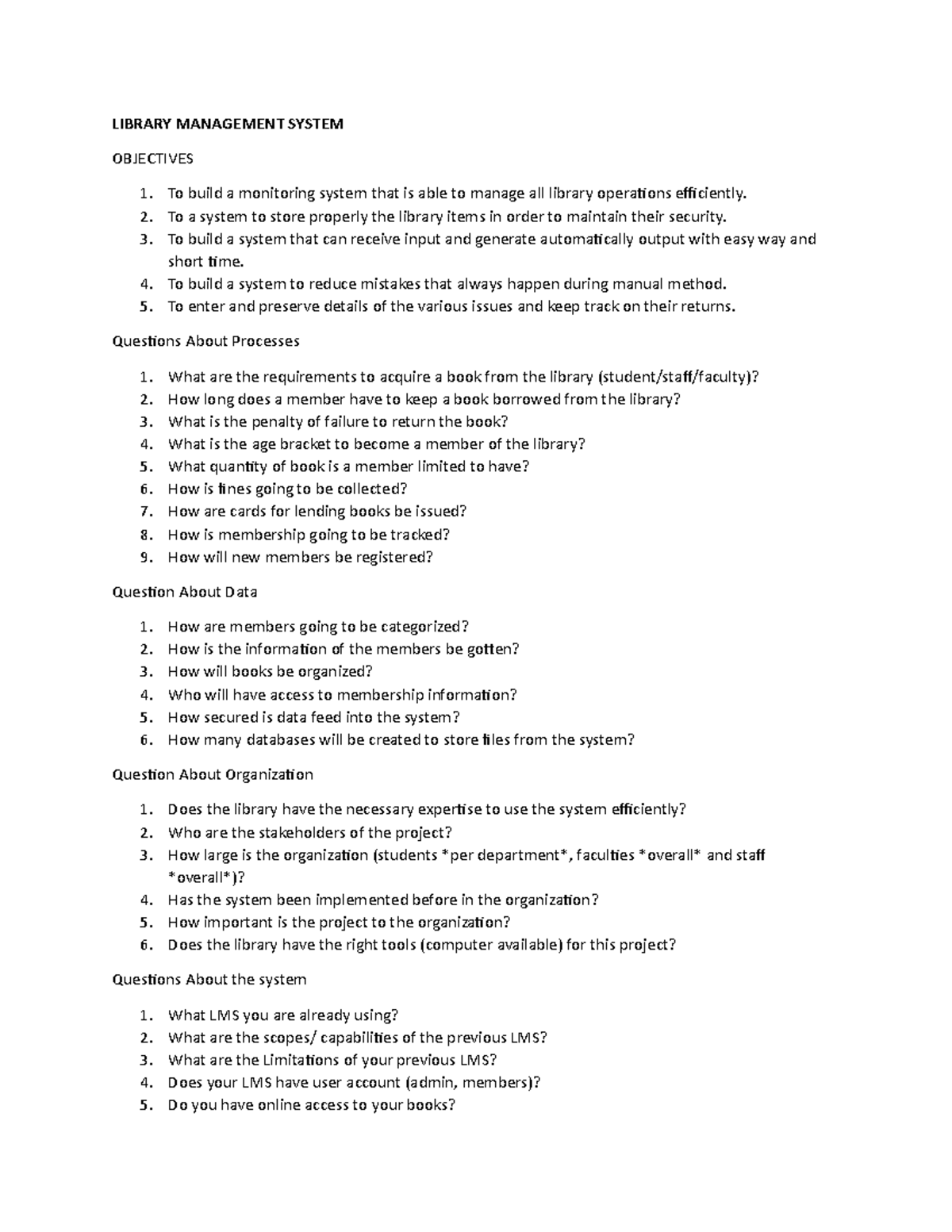 Library Management System Questionnaire for Efficient Operations - Studocu