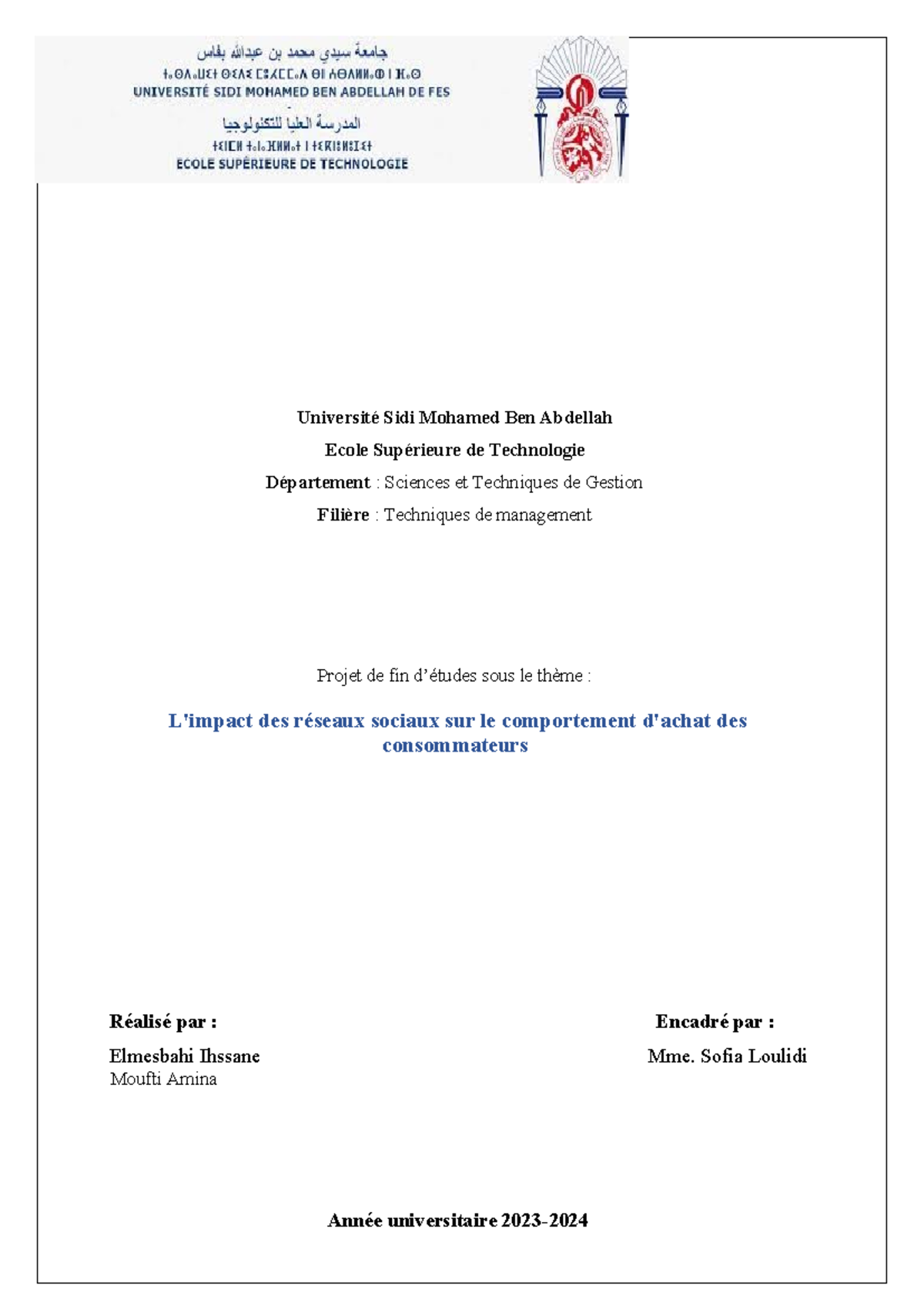 Rapport final de PFE Amina et Ihssane : Impact des RS sur les achats - Studocu