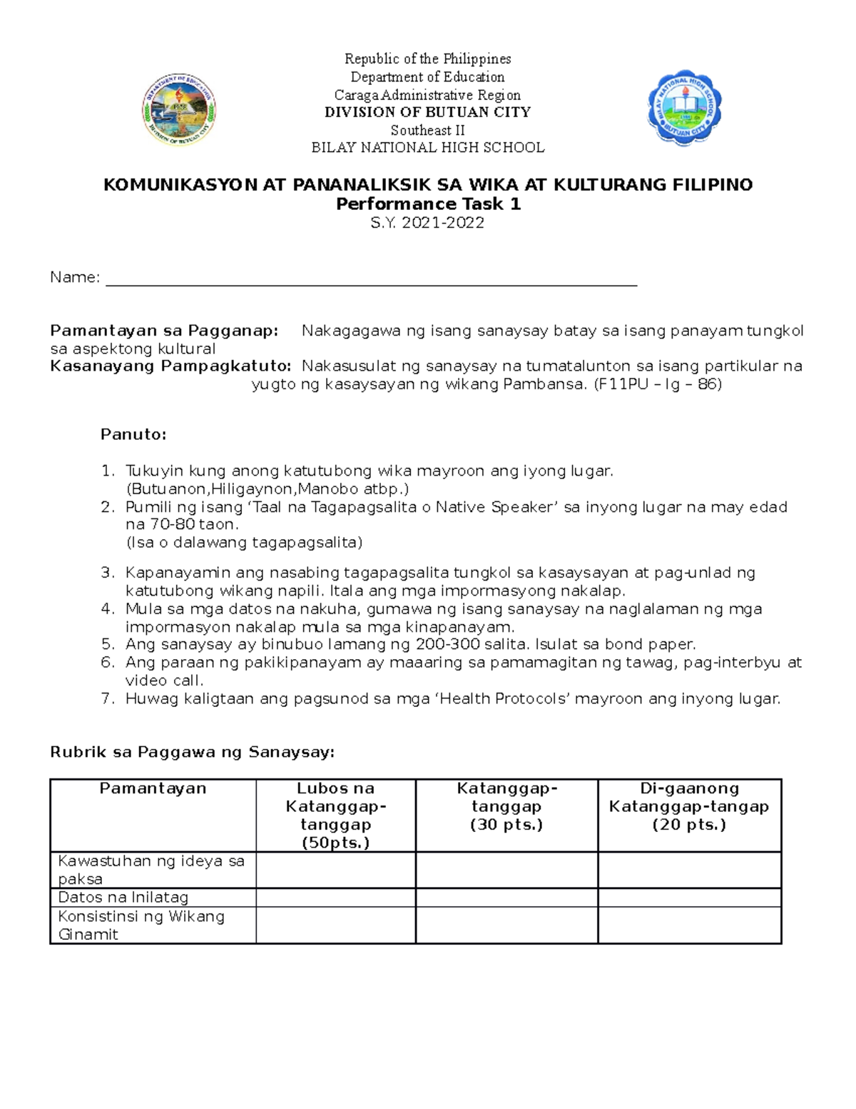 KOMUNIKASYON AT PANANALIKSIK: Performance Task 1 (S.Y. 2021-2022) - Studocu