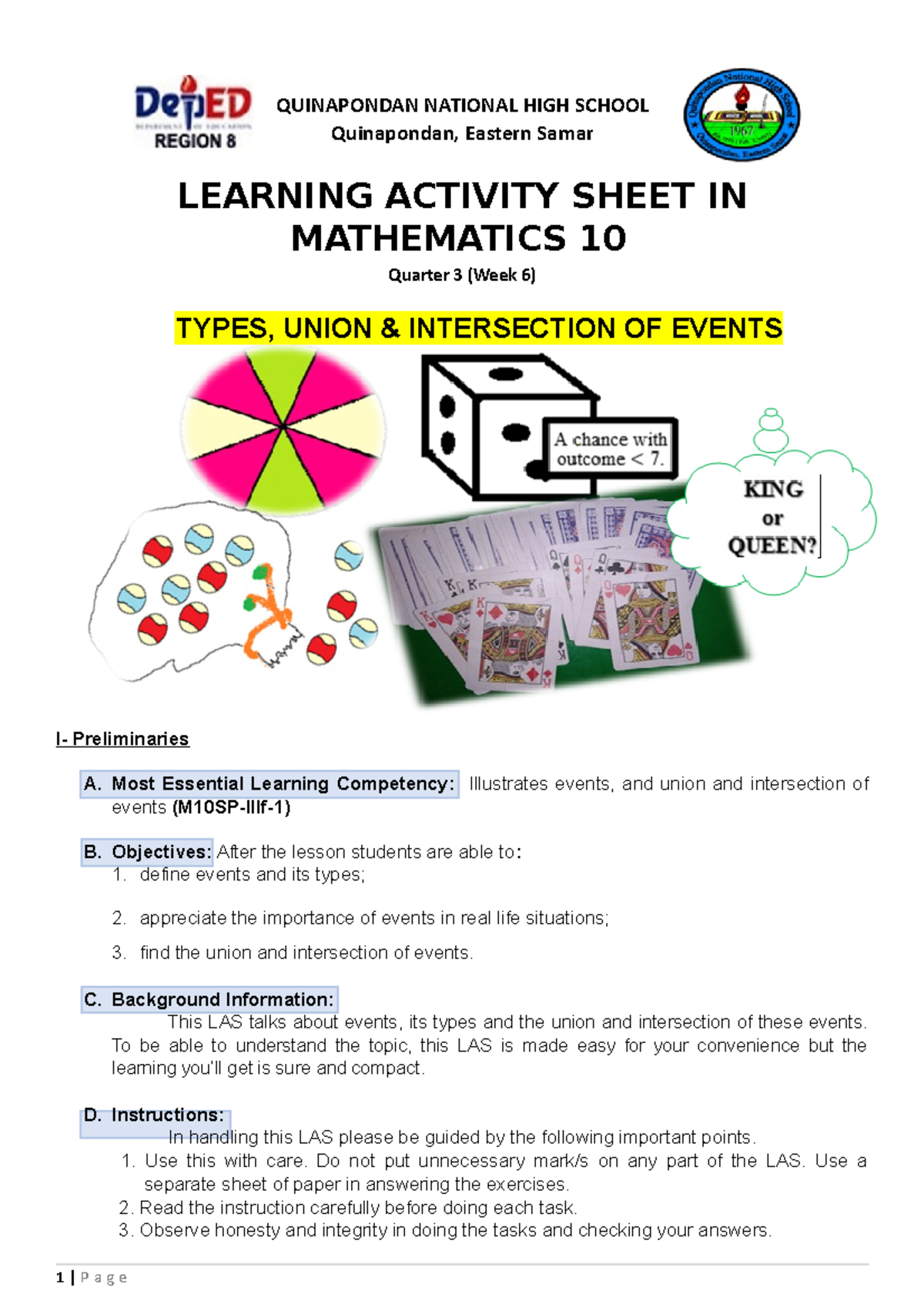 MATHEMATICS 10 LAS - Types, Union & Intersection of Events (Q3 W6 ...