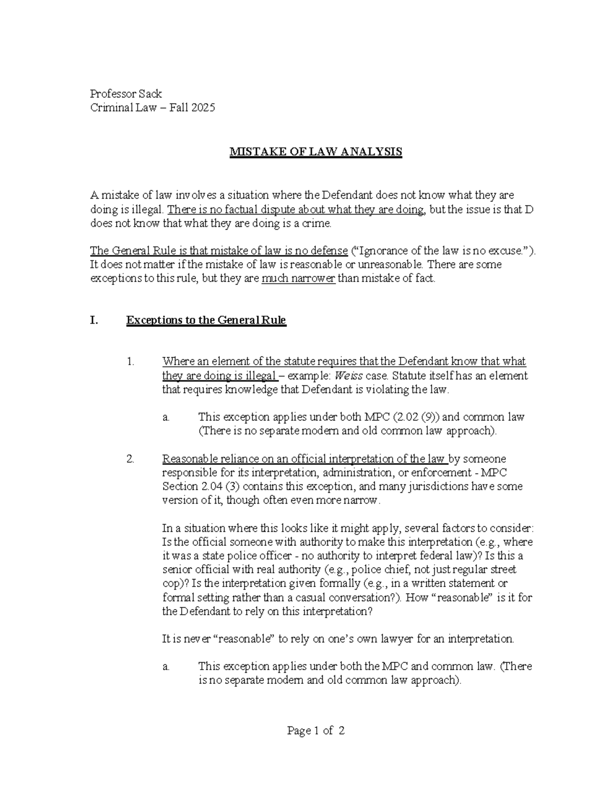 Professor Sack Criminal Law Fall 2025: Summary of Mistake of Law ...