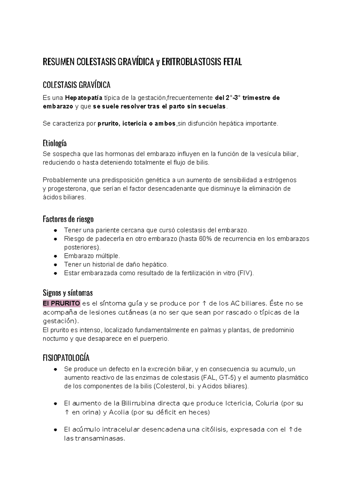 Resumen Colestasis Gravídica y Eritroblastosis Fetal - RESUMEN ...