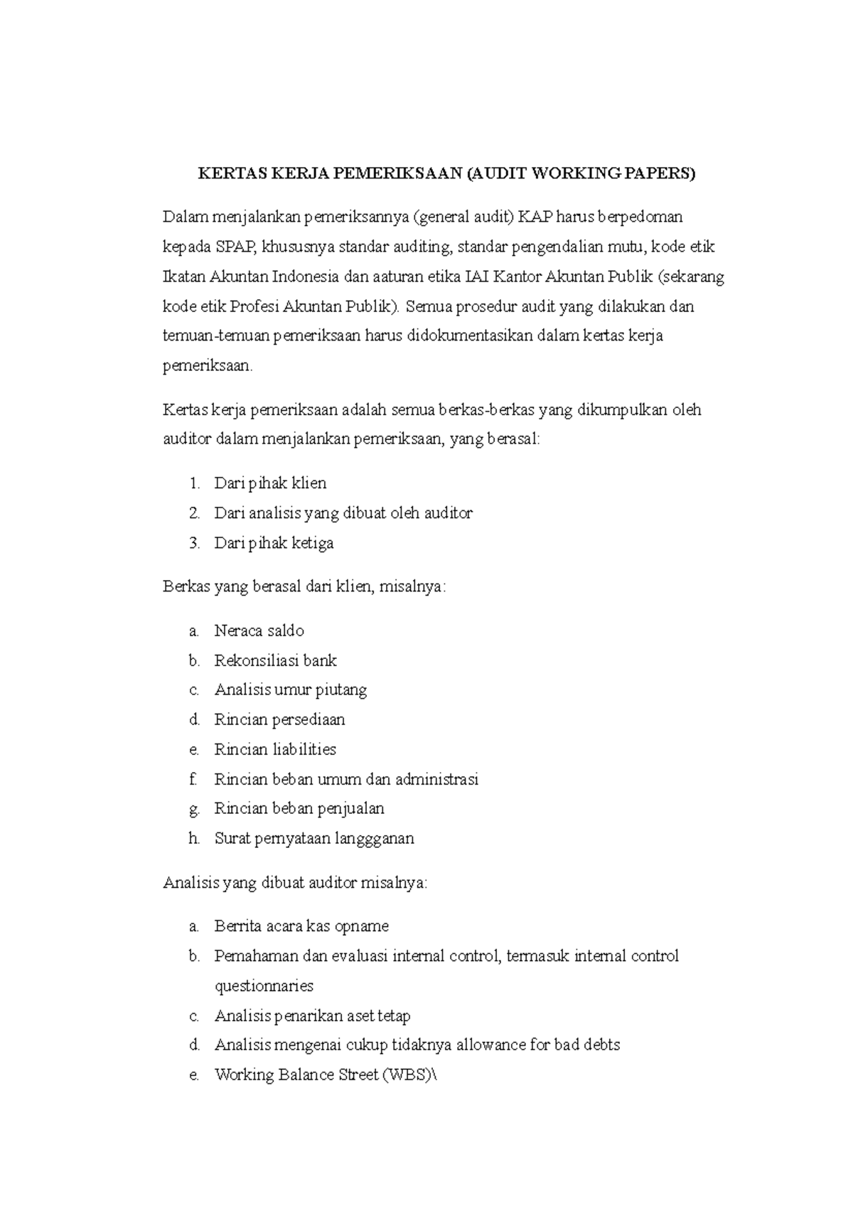 Kertas Kerja Pemeriksaan Audit (Audit Working Papers) - Studocu