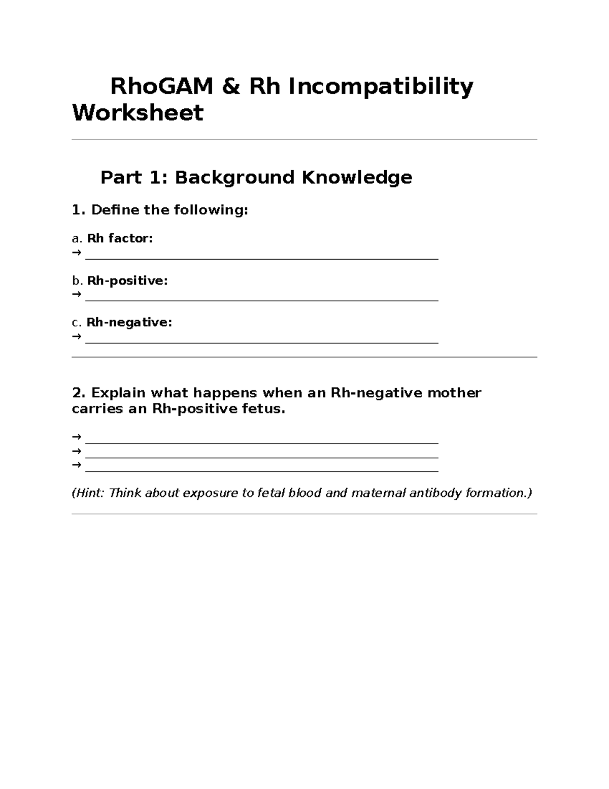 RhoGAM Rh Incompatibility Worksheet: Key Concepts & Applications - Studocu