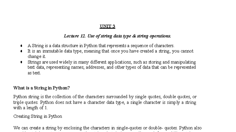 Unit 3 Lecture 12: Understanding Python String Data Type and Operations - Studocu