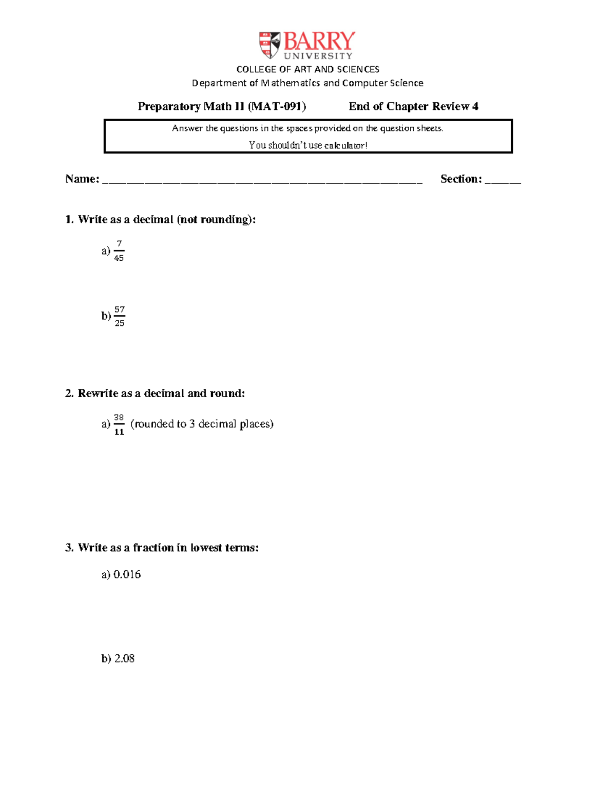 Preparatory Math II (MAT-091) End of Chapter Review 4 Questions ...