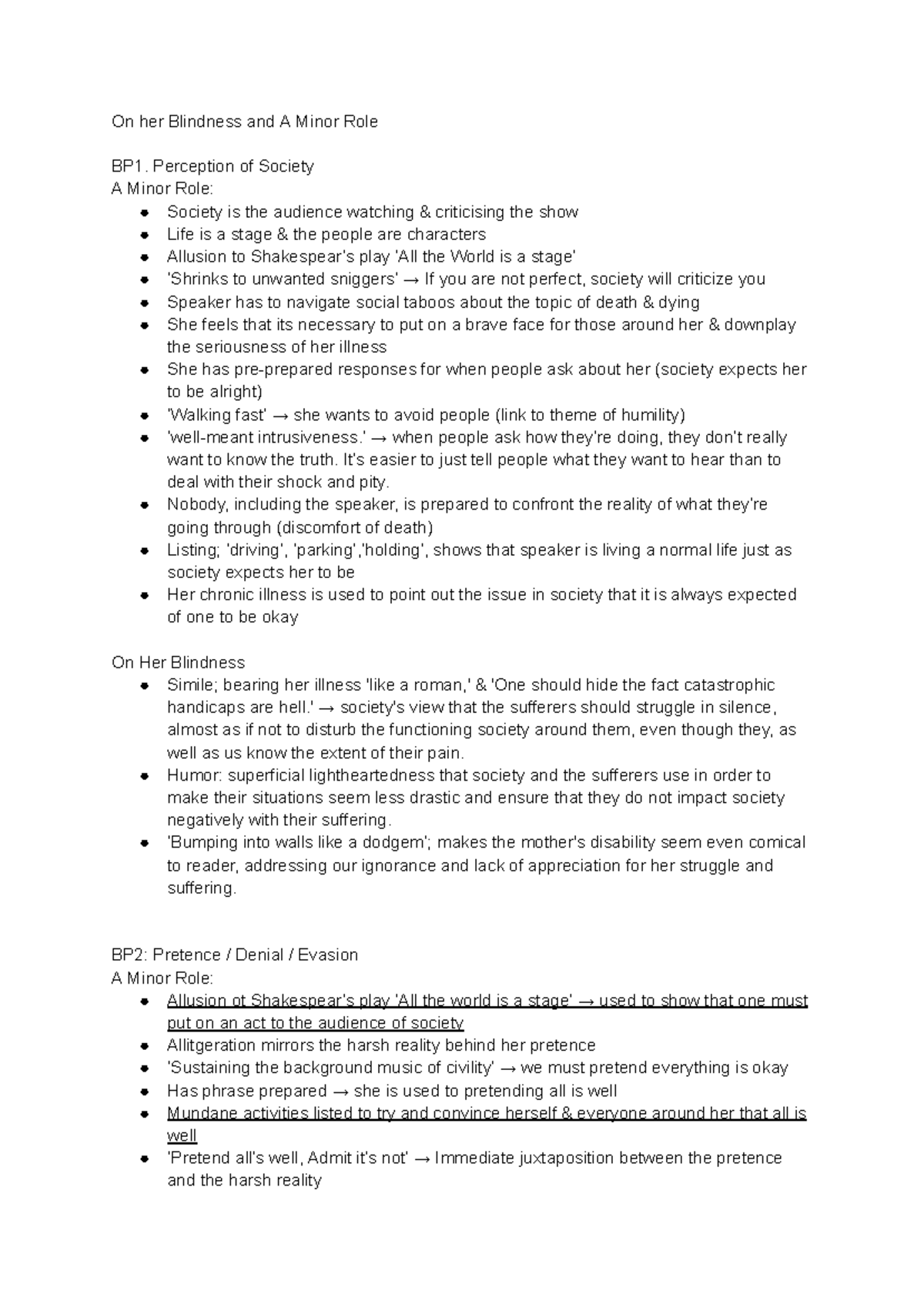 E1 Final Exam Notes: "On Her Blindness" & "A Minor Role" Analysis - Studocu