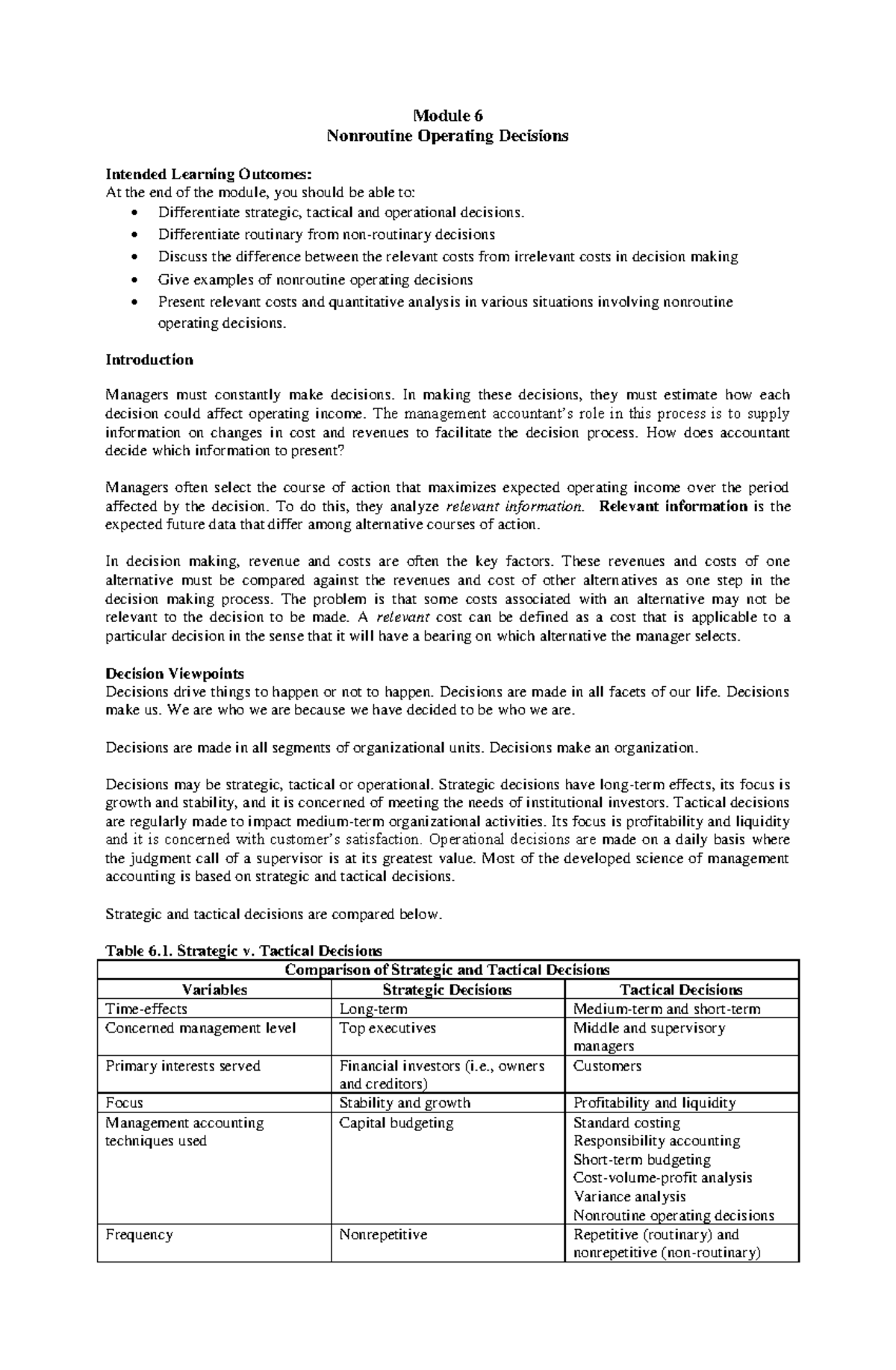 C6 Final Exam Notes: Nonroutine Operating Decisions Explained - Studocu