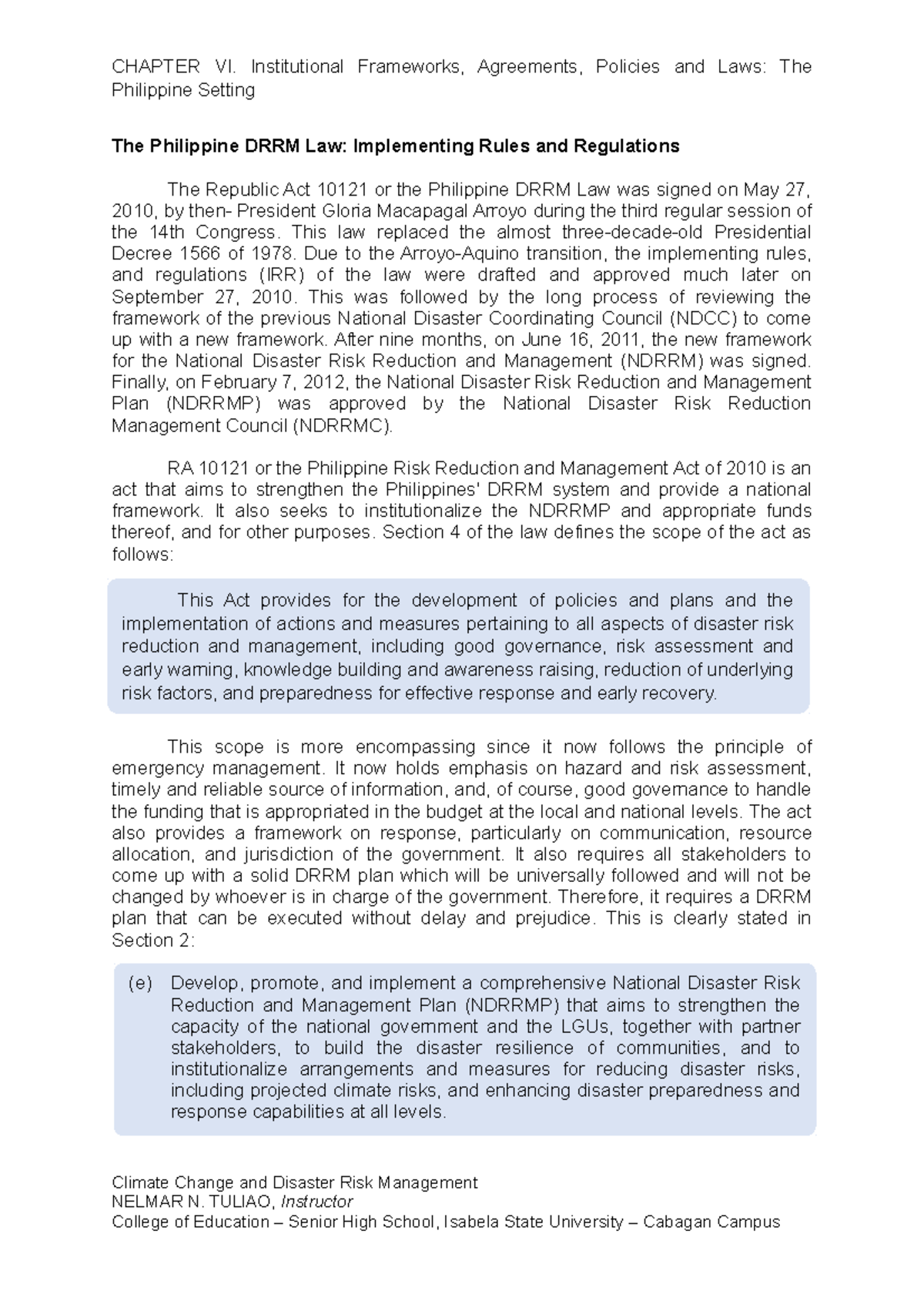 Chapter VI: Institutional Frameworks, Agreements, and Policies on DRRM ...