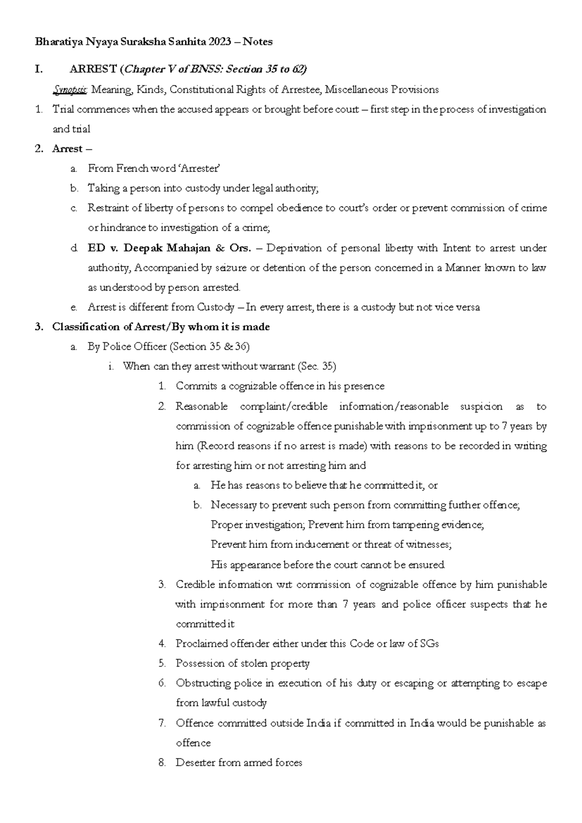 BNSS Mid-Sem 2024 Notes: Understanding Arrest & Constitutional Rights ...