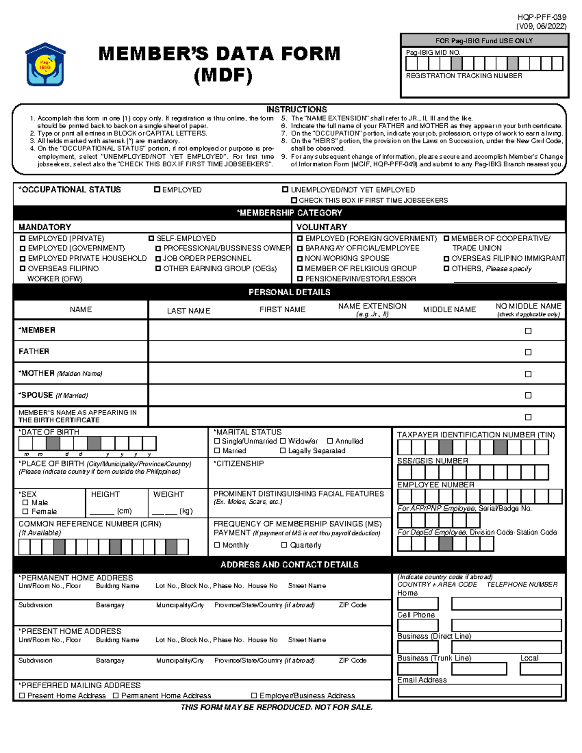 Pag-IBIG MDF Form PFF039: Member's Data Form Version 09 - Studocu