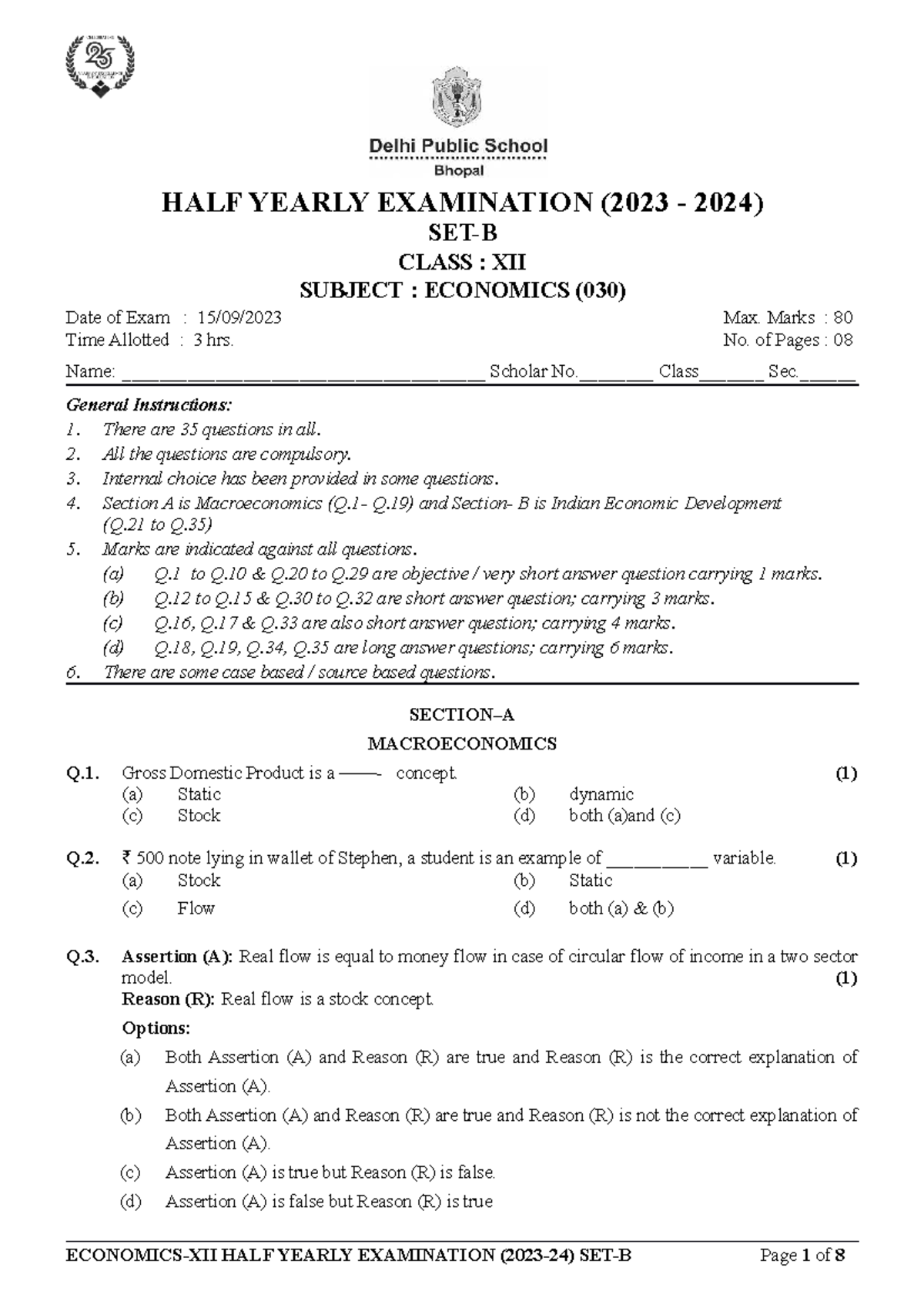 Economics XII Half Yearly Exam (2023-24) - Set B - Studocu