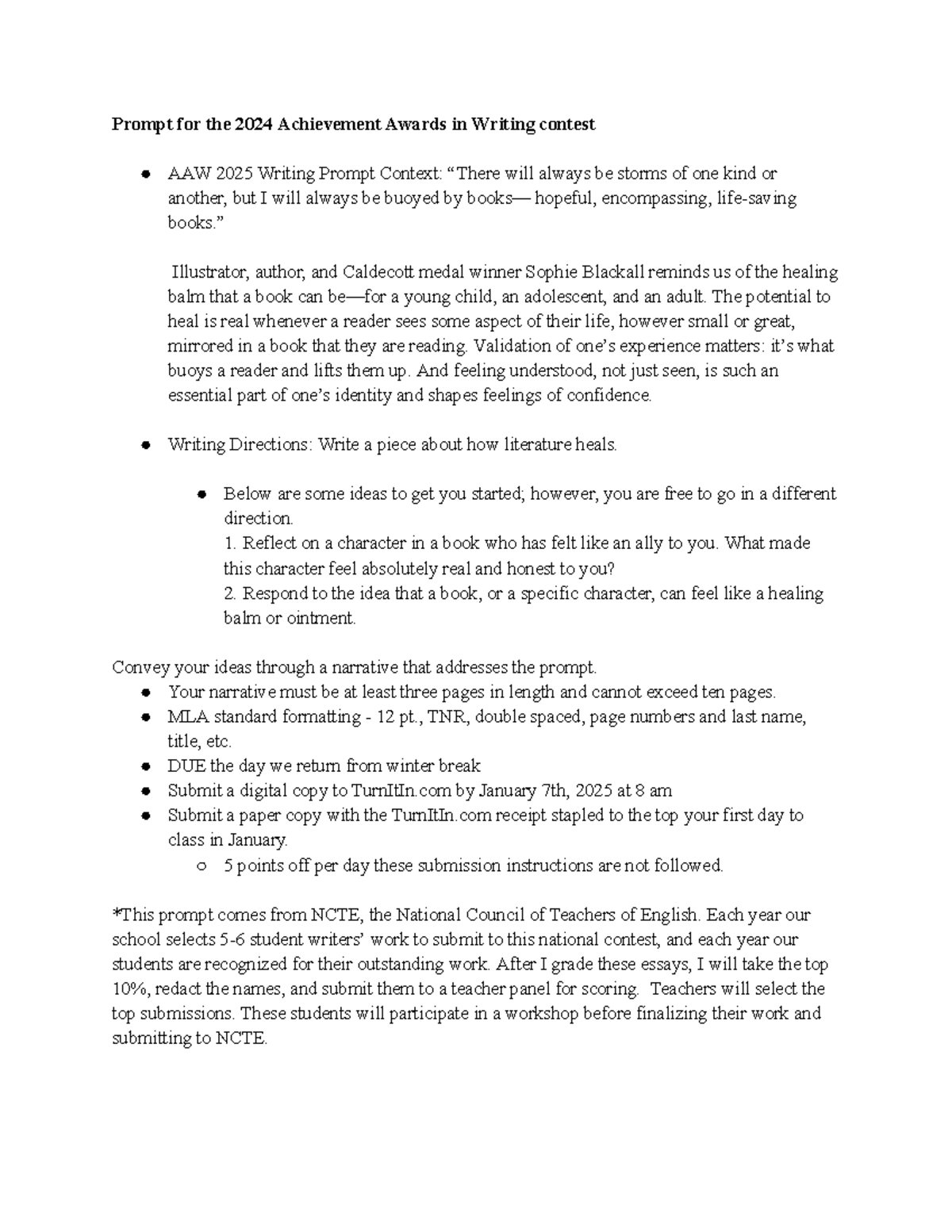 2025 NCTE writing assignment - Prompt for the 2024 Achievement Awards ...