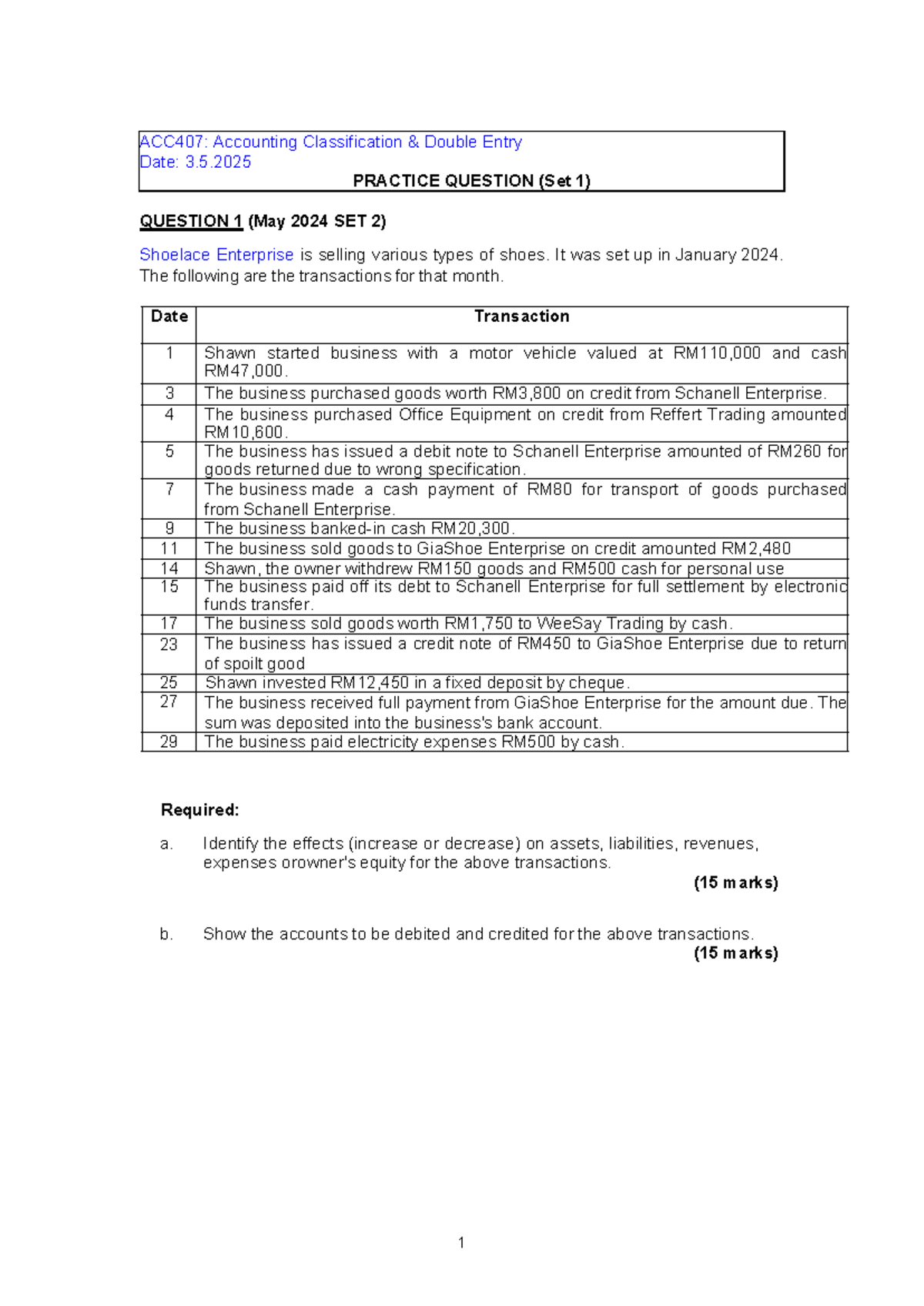 ACC407: Practice Questions on Double Entry Accounting (Set 1) - Studocu