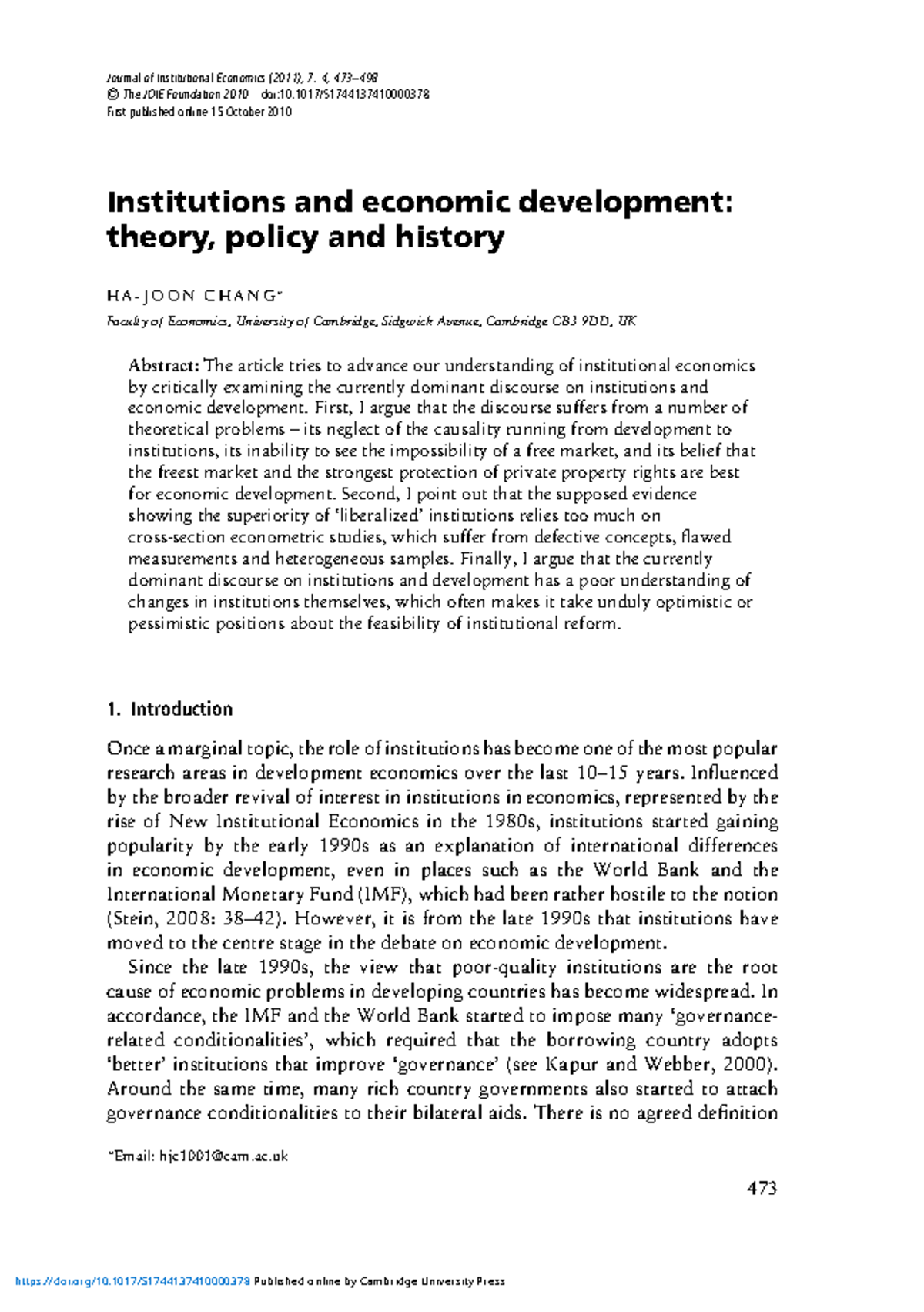 Institutions and Economic Development: Theory, Policy, and History ...