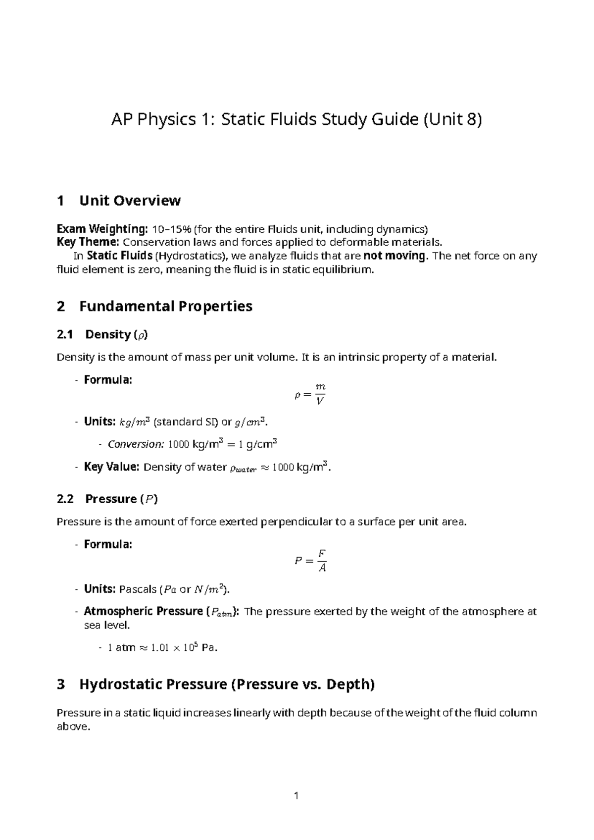 AP Physics 1: Static Fluids Study Guide (Unit 8) - Studocu
