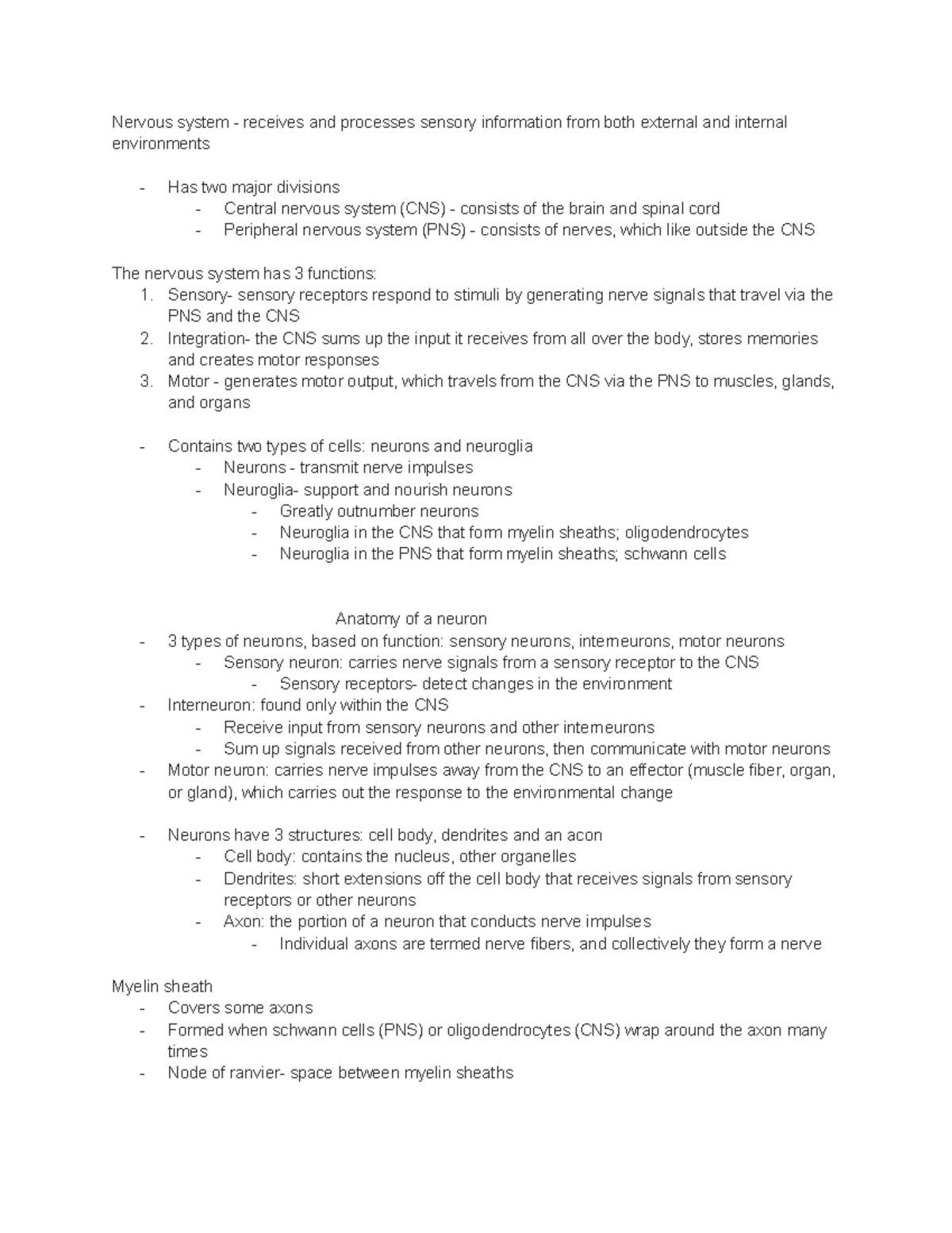Nervous System Overview: Structure, Function, and Integration (BIO 101) - Studocu