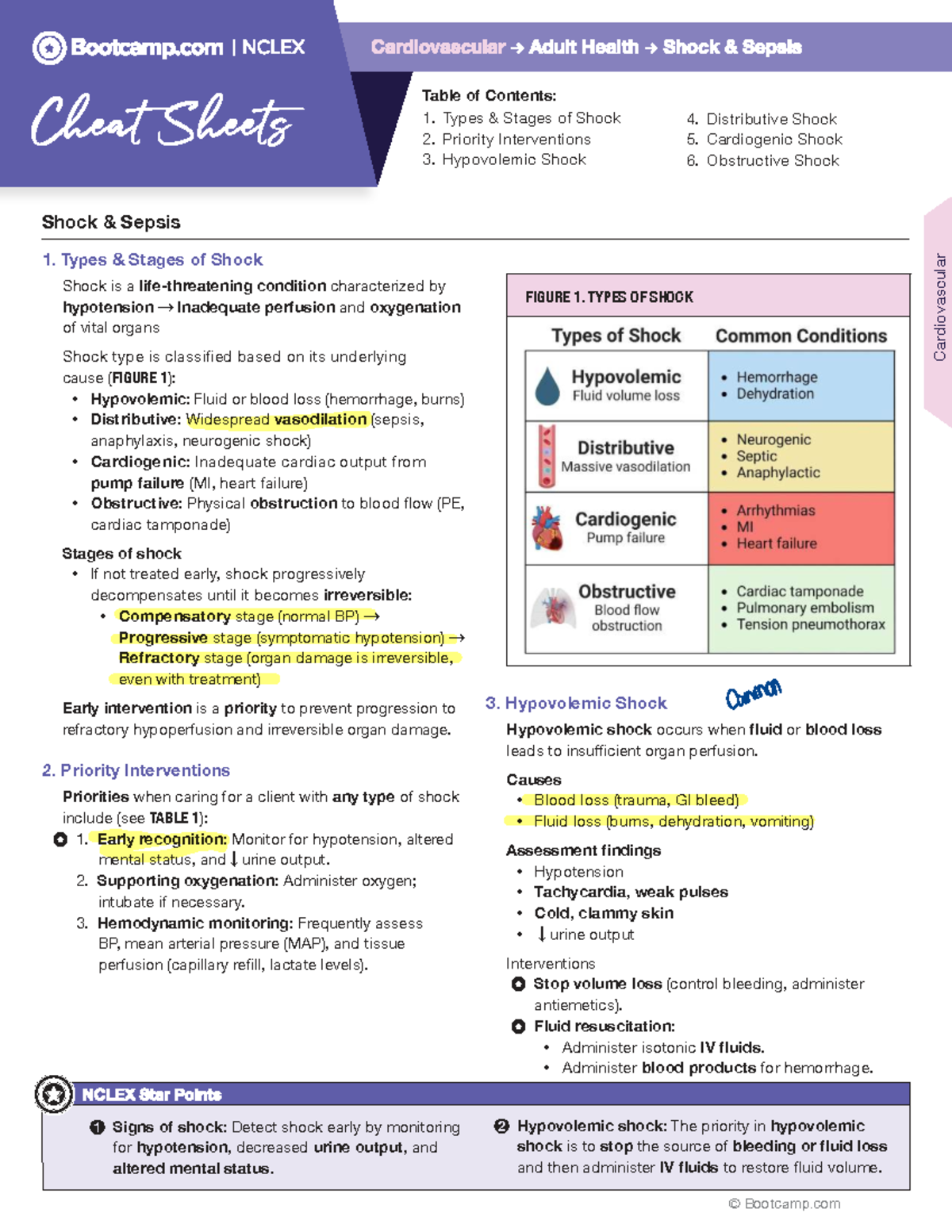 Shock & Sepsis Cheat Sheet: Types, Interventions, and Management - Studocu