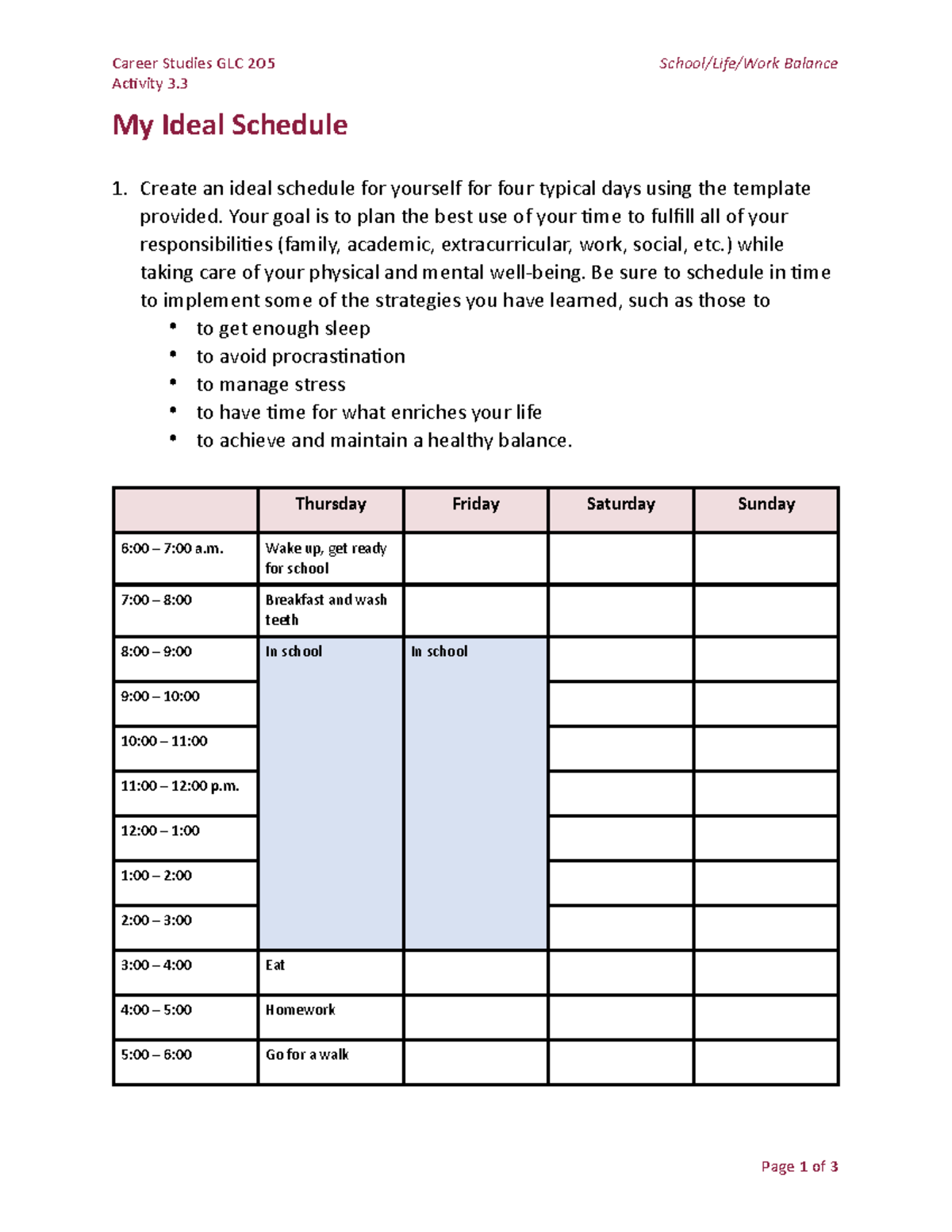 Career Studies GLC 2O5 Activity 3.3: My Ideal Schedule Plan - Studocu