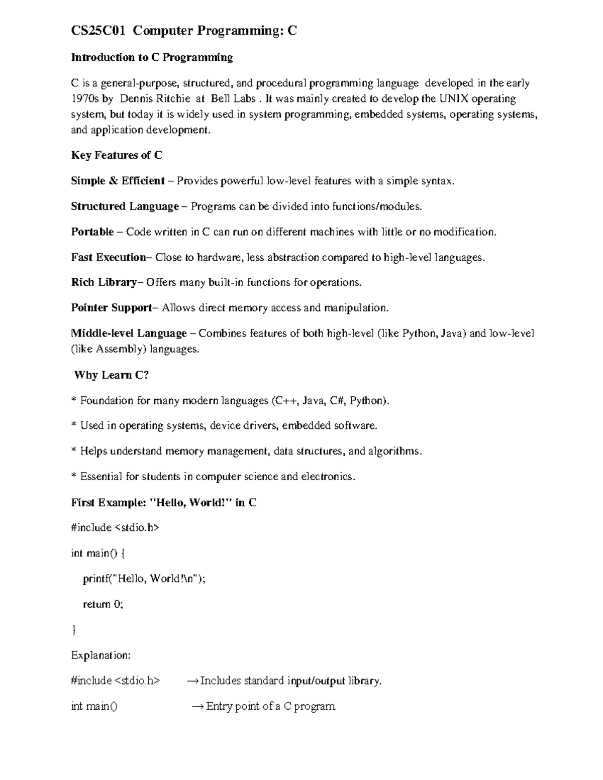 CS25C01 Computer Programming: Introduction to C Programming Concepts - Studocu