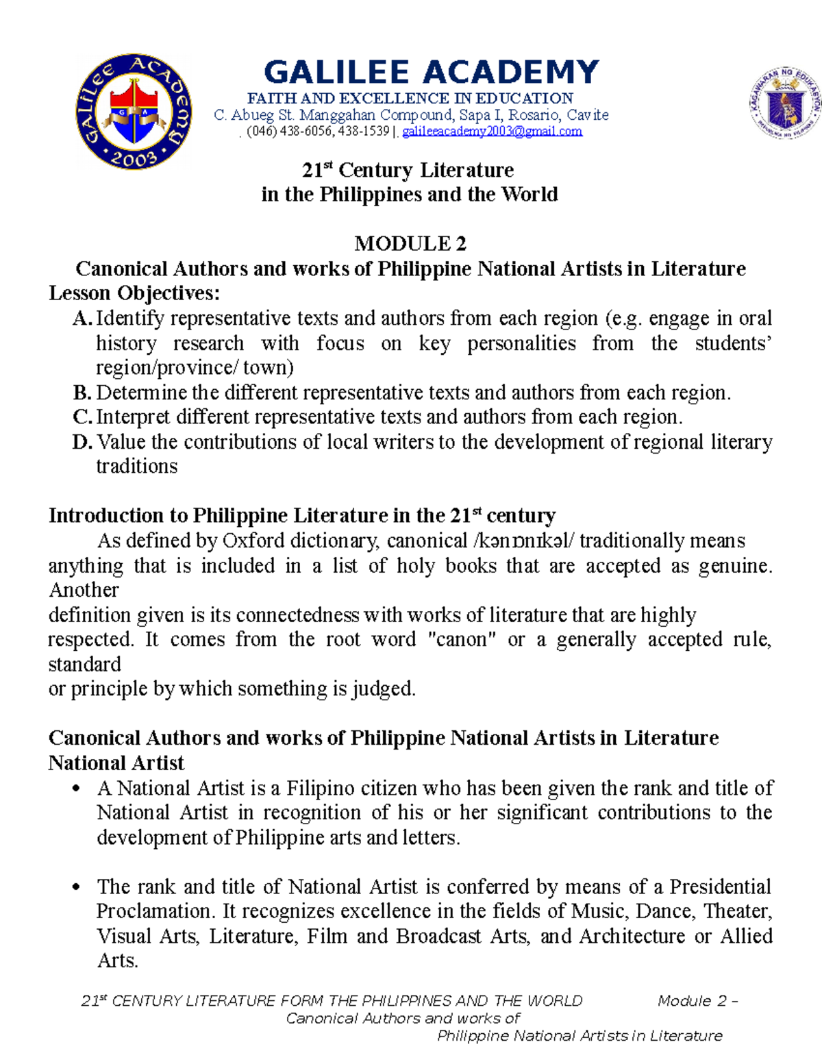 Module 2- Canonical Authors AND Works OF Philippine National Artists in ...