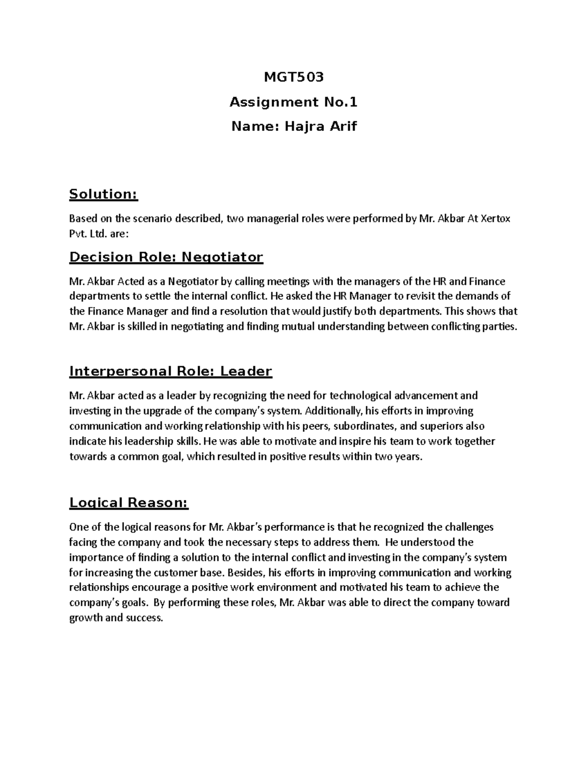 Mgt503 Assignment Analyzing Managerial Roles Of Mr Akbar Studocu