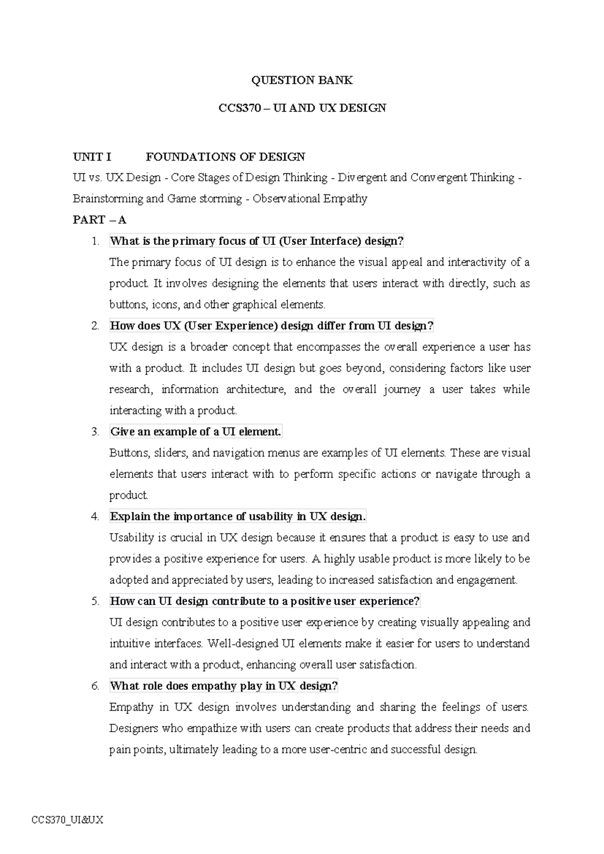CCS370 - UI & UX Design - Question Bank for Unit I Foundations - Studocu