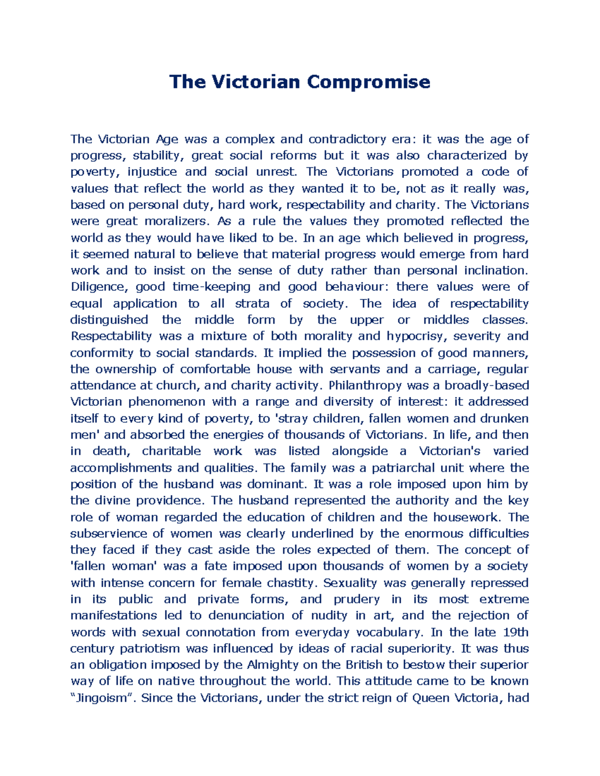 The Victorian Compromise: Morals and Social Dynamics in the Era - Studocu