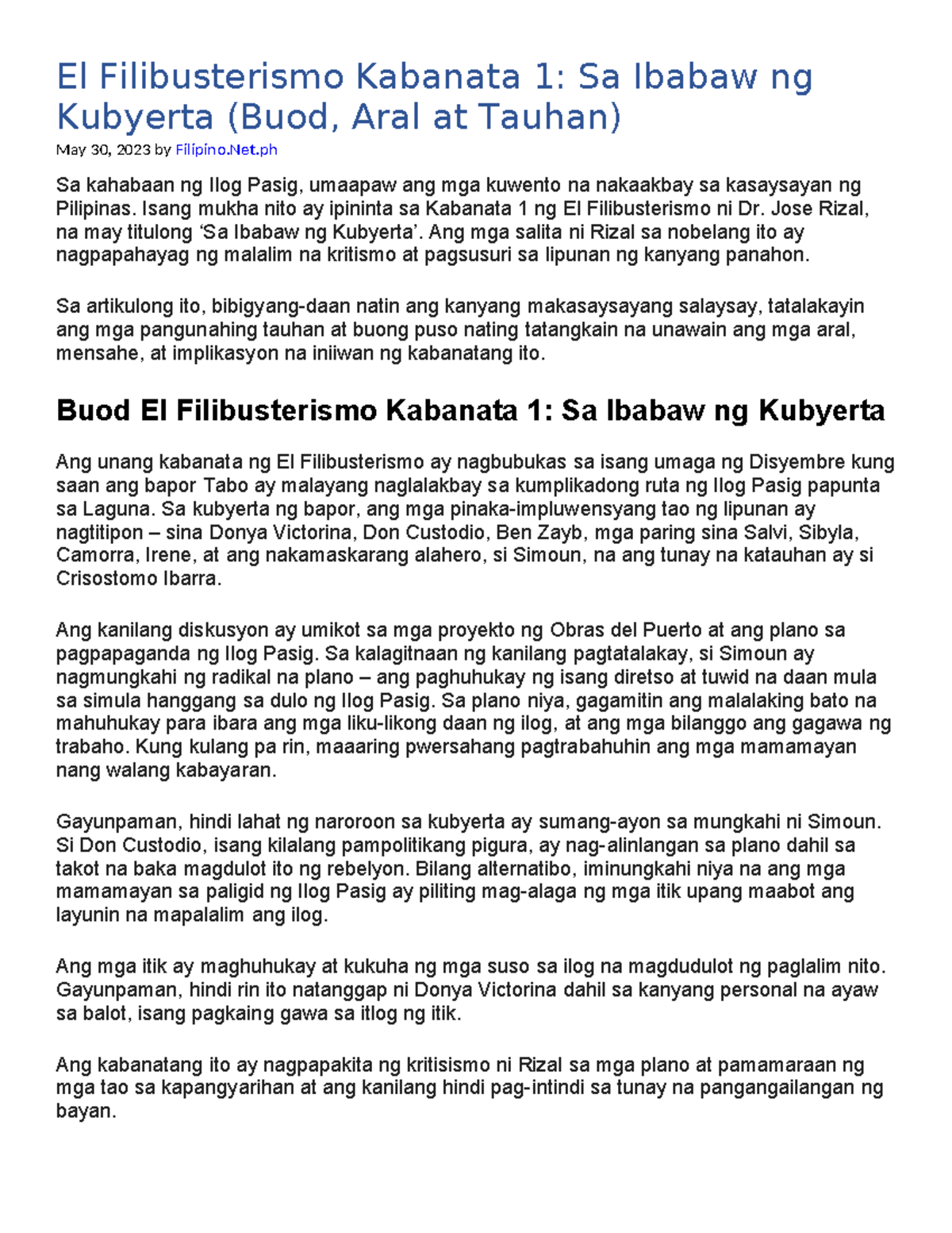 Buod, Tauhan at Aral ng El Filibusterismo Kabanata 1: Sa Ibabaw ng Kubyerta - Studocu