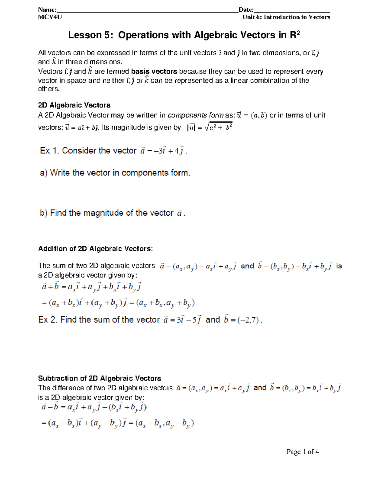 MCV4U Unit 6: Lesson 5 - Operations with Vectors in R² - Studocu