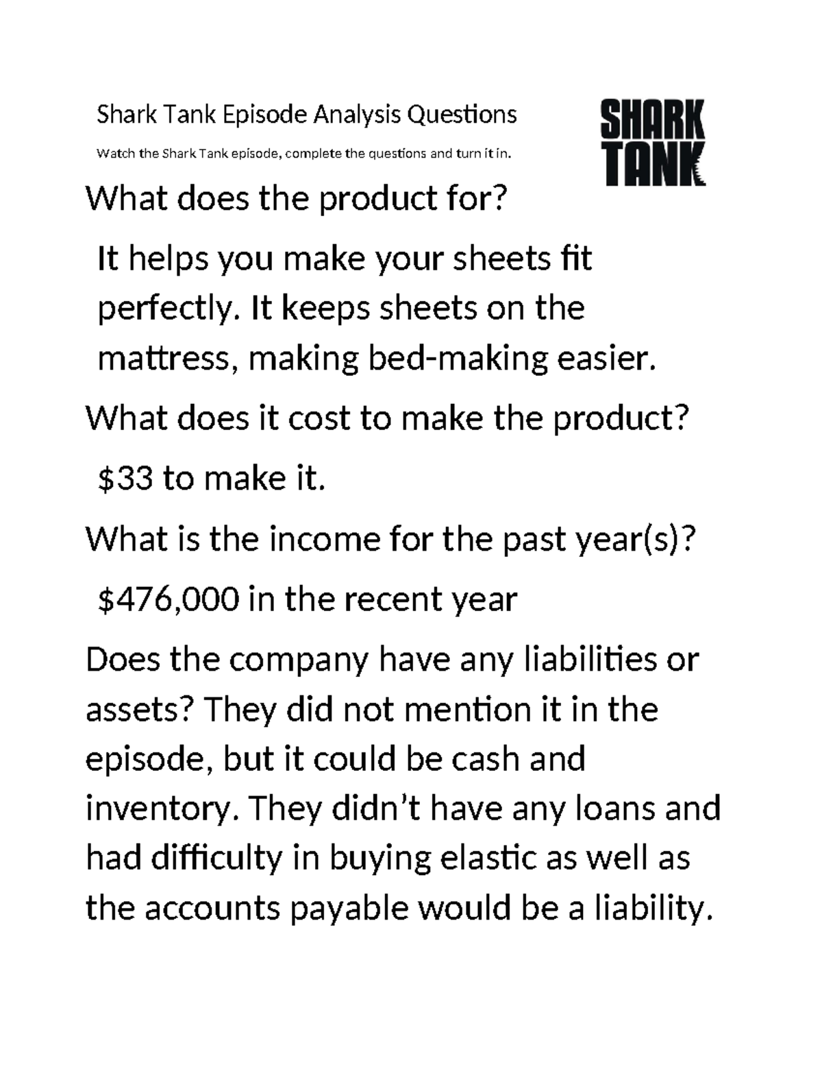 Shark Tank Episode Analysis Questions: Understanding Product Viability ...