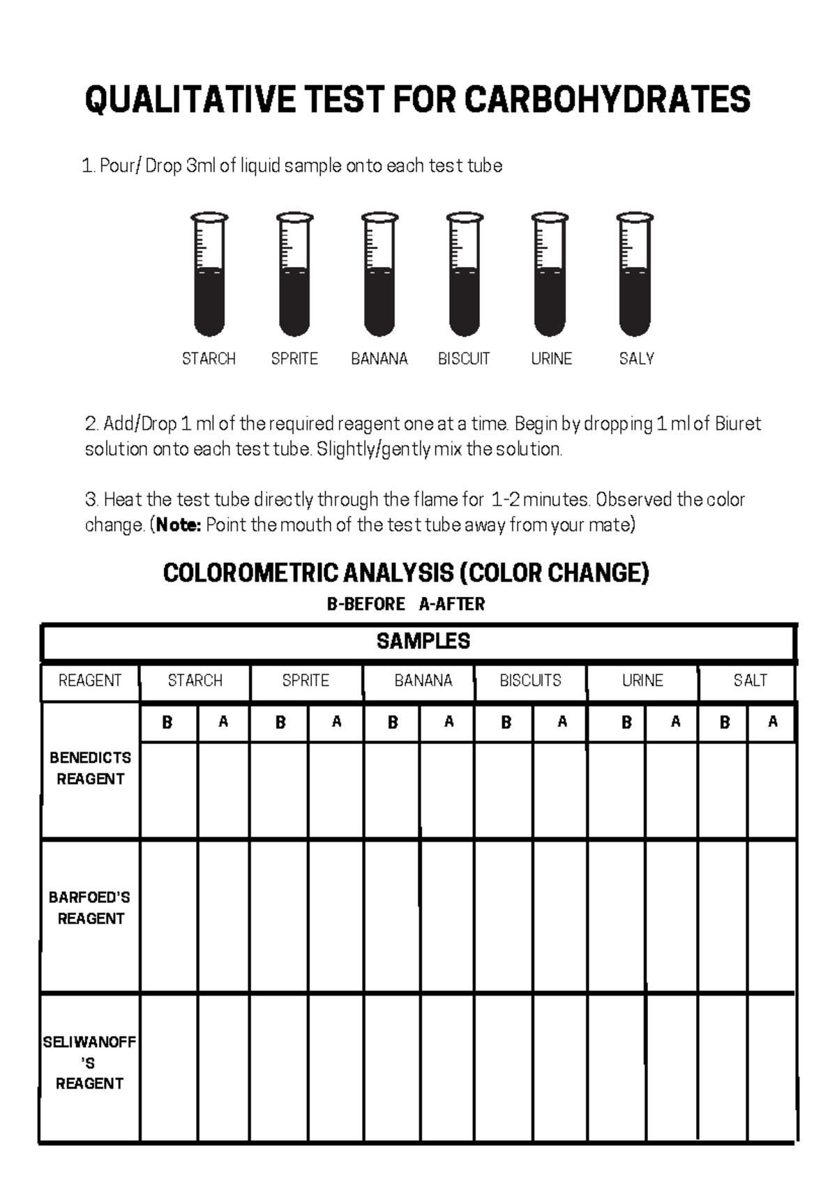 Qualitative TEST FOR Carbohydrates AND Protein - COLOROMETRIC ANALYSIS ...