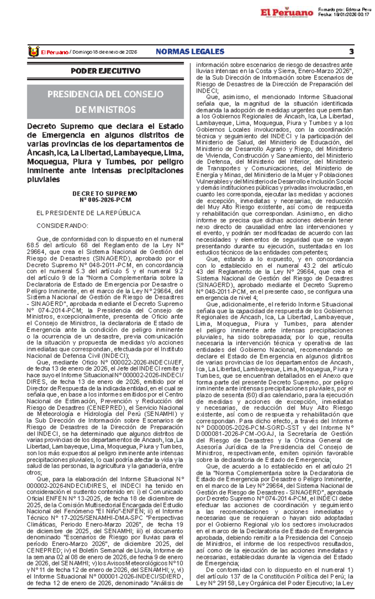 Decreto Supremo Nº 005-2026-PCM: Emergencia por Lluvias en Áncash, Ica ...