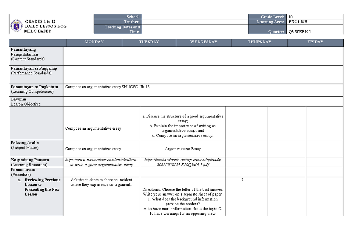 MELC Daily Lesson Log: Argumentative Essay - ENG 10 Q3 WEEK 1 - Studocu