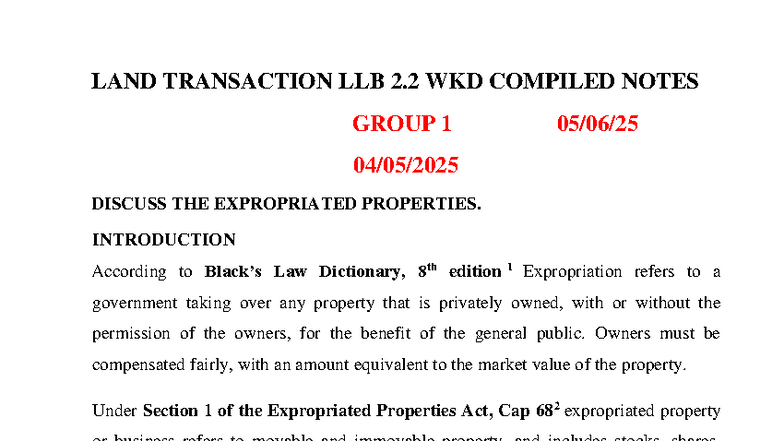 LAND TRANSACTION LLB 2.2 2025: Expropriated Properties Overview - Studocu