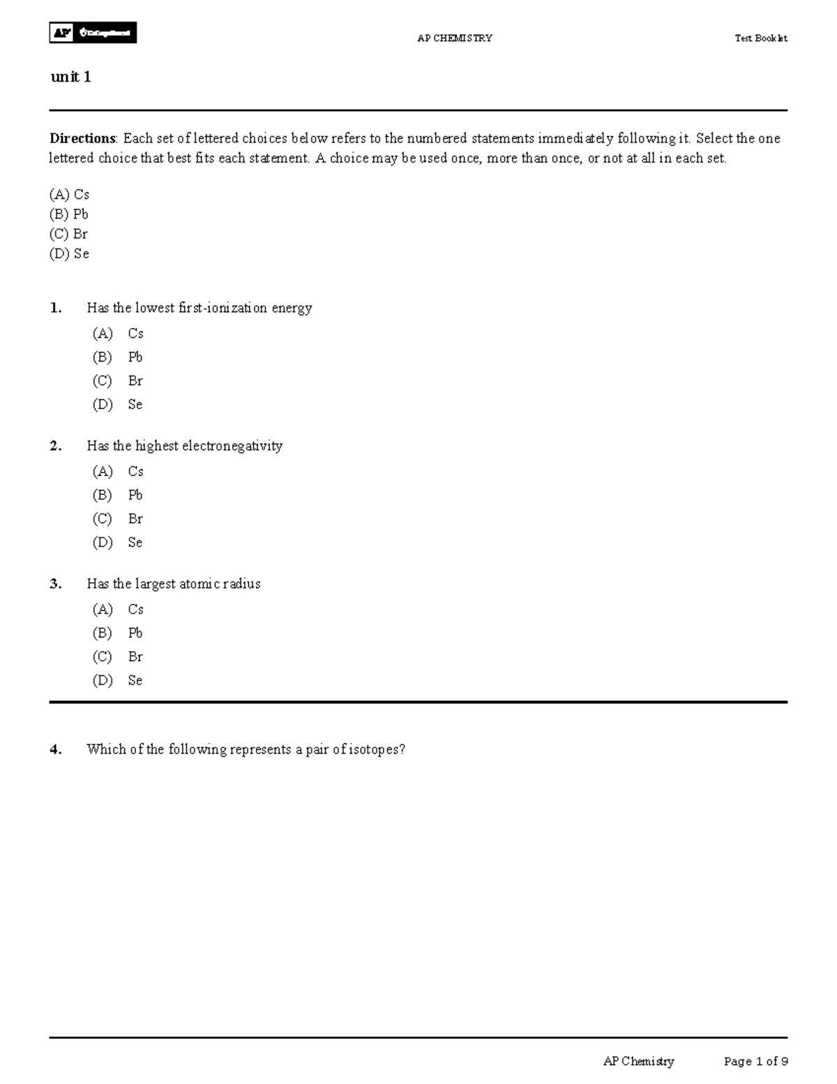 AP CHEMISTRY Unit 1 MCQ Test Booklet - Studocu