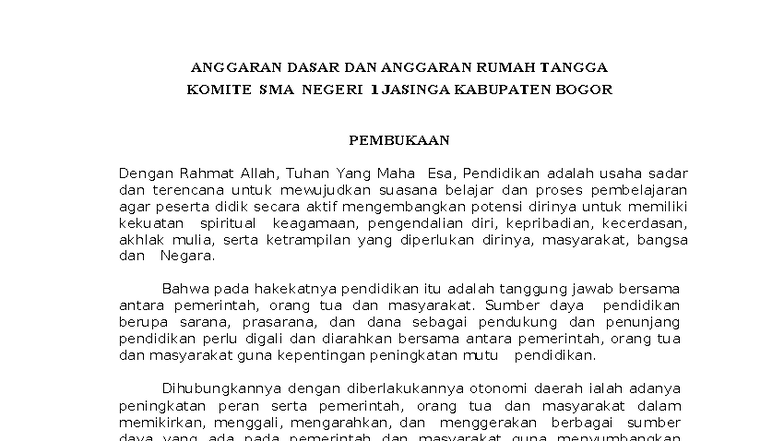 AD/ART Komite Sekolah SMA Negeri 1 Jasinga Kabupaten Bogor - Studocu