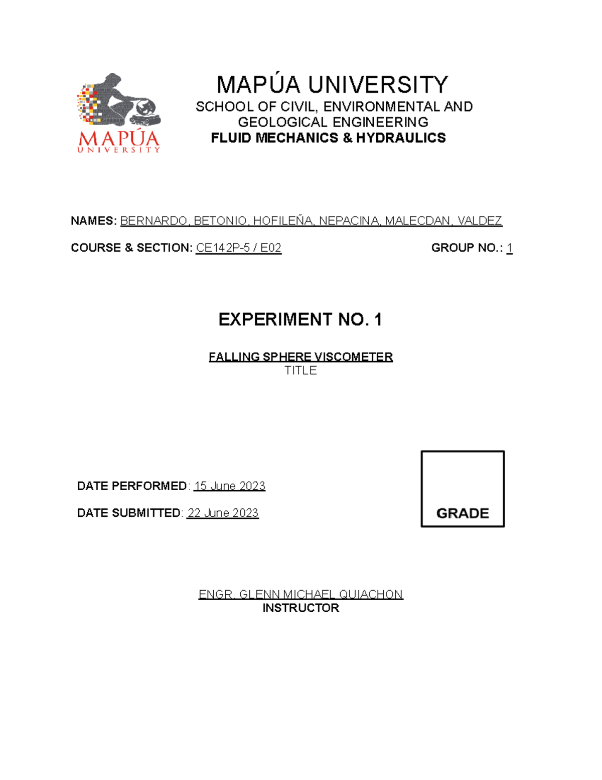 CE142P-5 Lab Report 1: Falling Sphere Viscometer Experiment Results ...