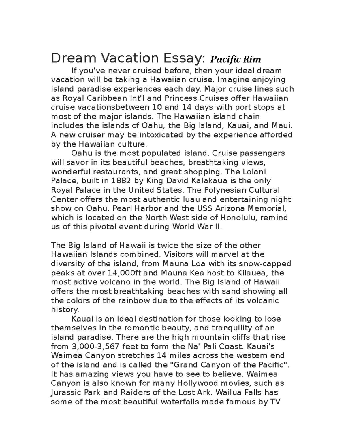 Dream Vacation Essay: Exploring Hawaiian Cruises and Islands - Studocu